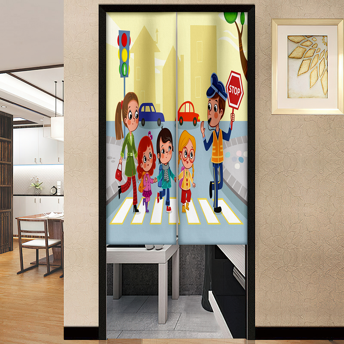 House Colorful Cars Road Trees Door Curtains Road Traffic Cartoon City ...