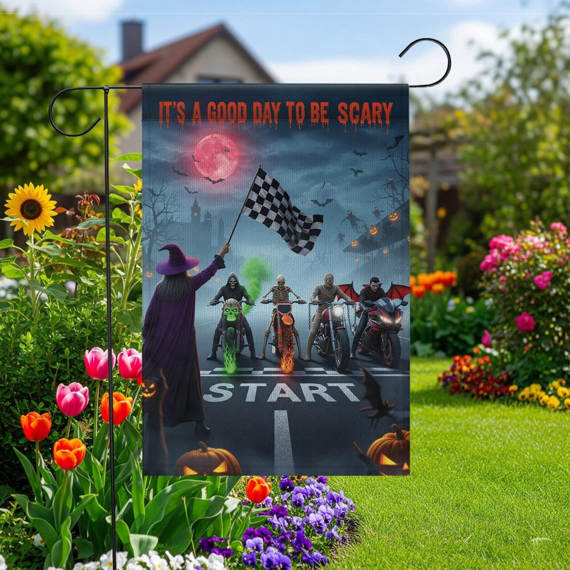 House Flag Biker Flag Monster Motorcycle Spooky Outdoor Decoration ...