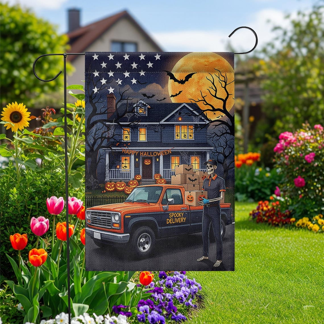 House Flag Skeleton Delivery Flag Spooky Porch Outdoor Decoration ...