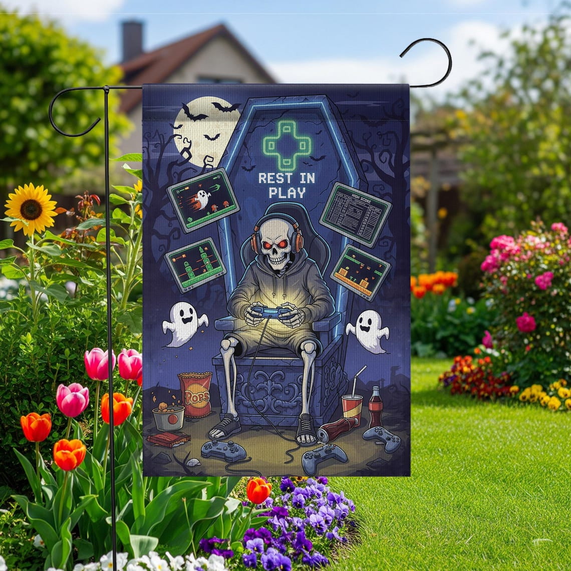 House Flag Skeleton Gamer Flag Spooky Seasonal Outdoor Decoration ...