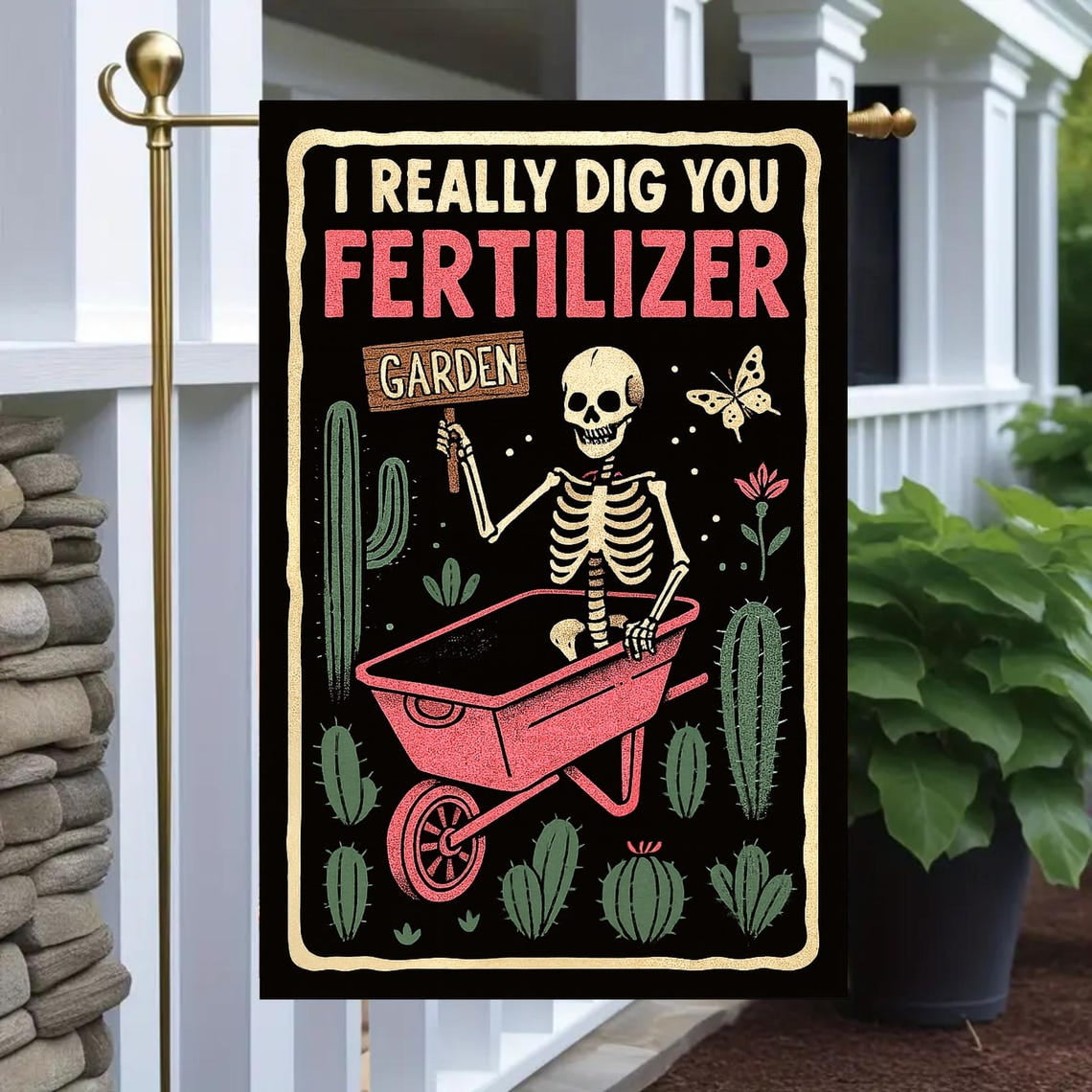 House Flag Skeleton Wheelbarrow Flag Fertilizer Spooky Outdoor ...