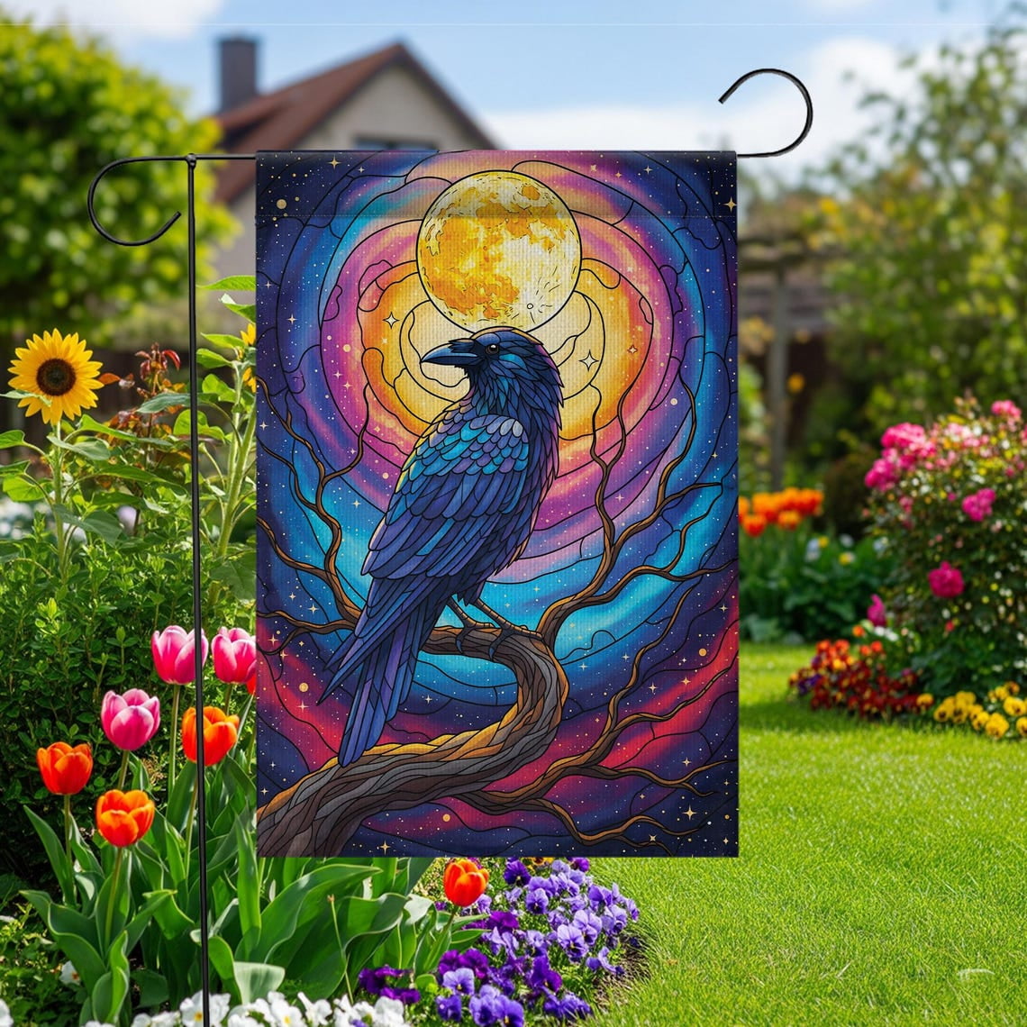 House Flag Stained Glass Raven Flag Crow Moon Gothic Outdoor Decoration ...