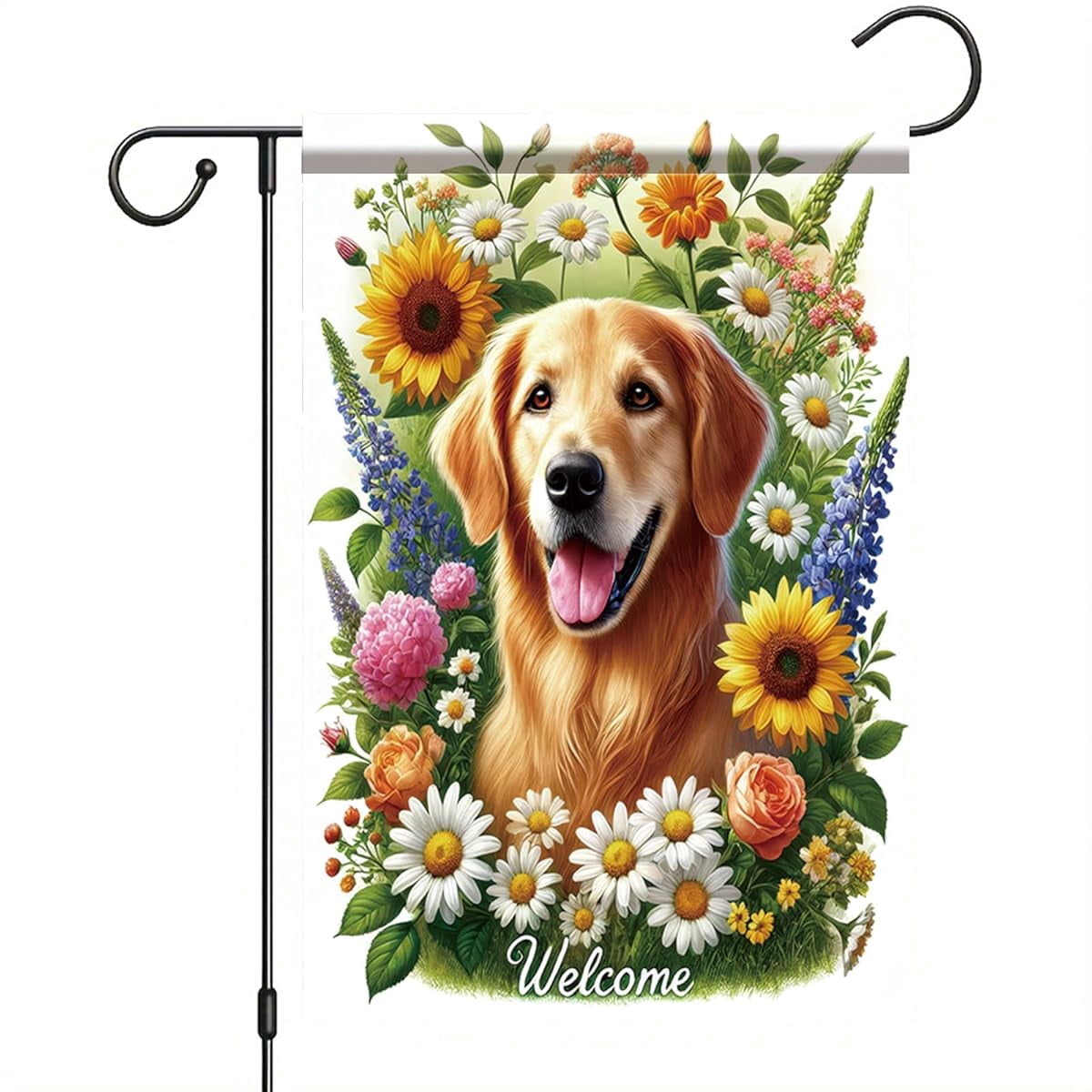 House Flag Welcome Summer Spring Flag Golden Retriever Dog Daisy Floral ...