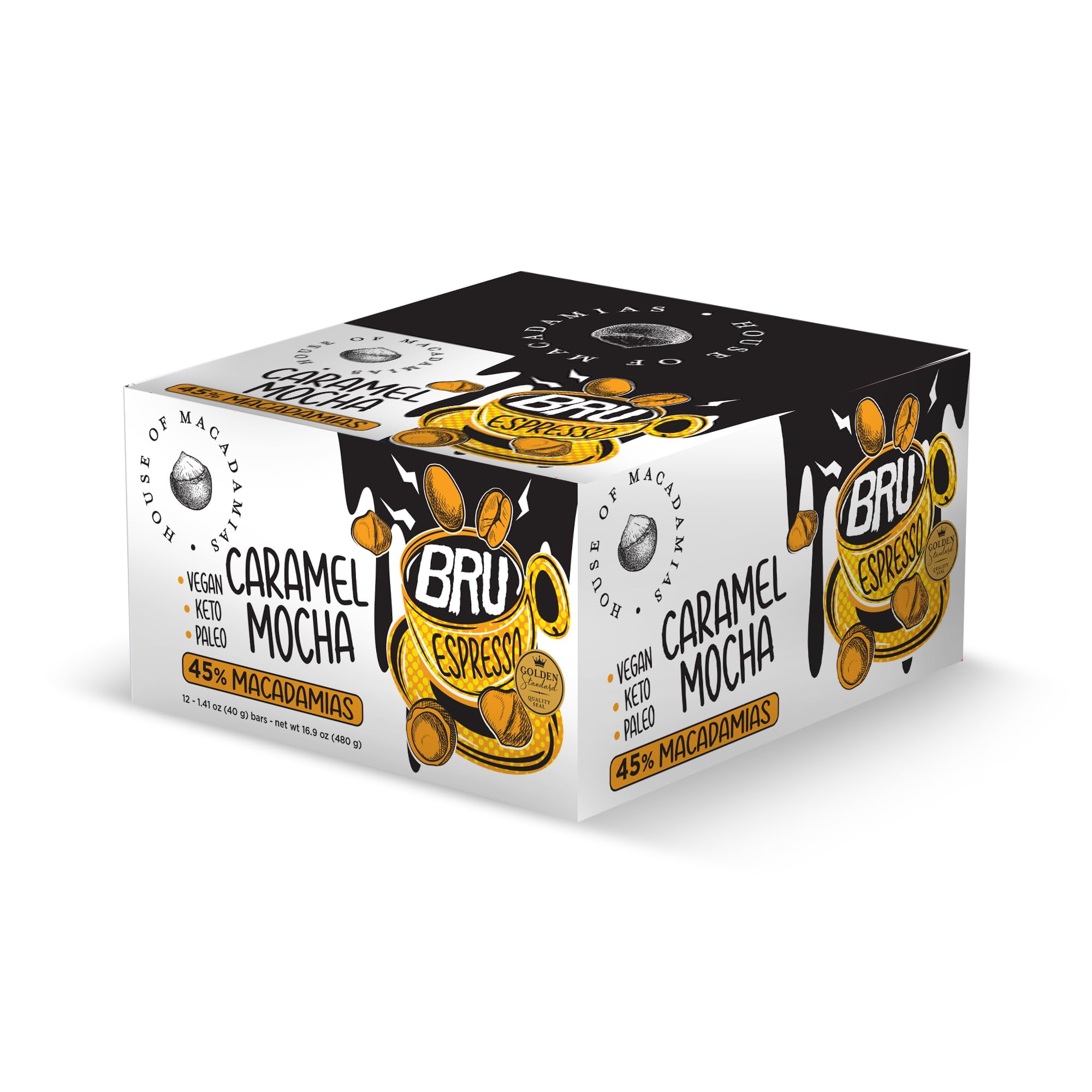 House of Macadamias BRU STF9 Bar, 50 mg Caffeine per bar, Espresso, Sugar Free, Caramel Mocha ...