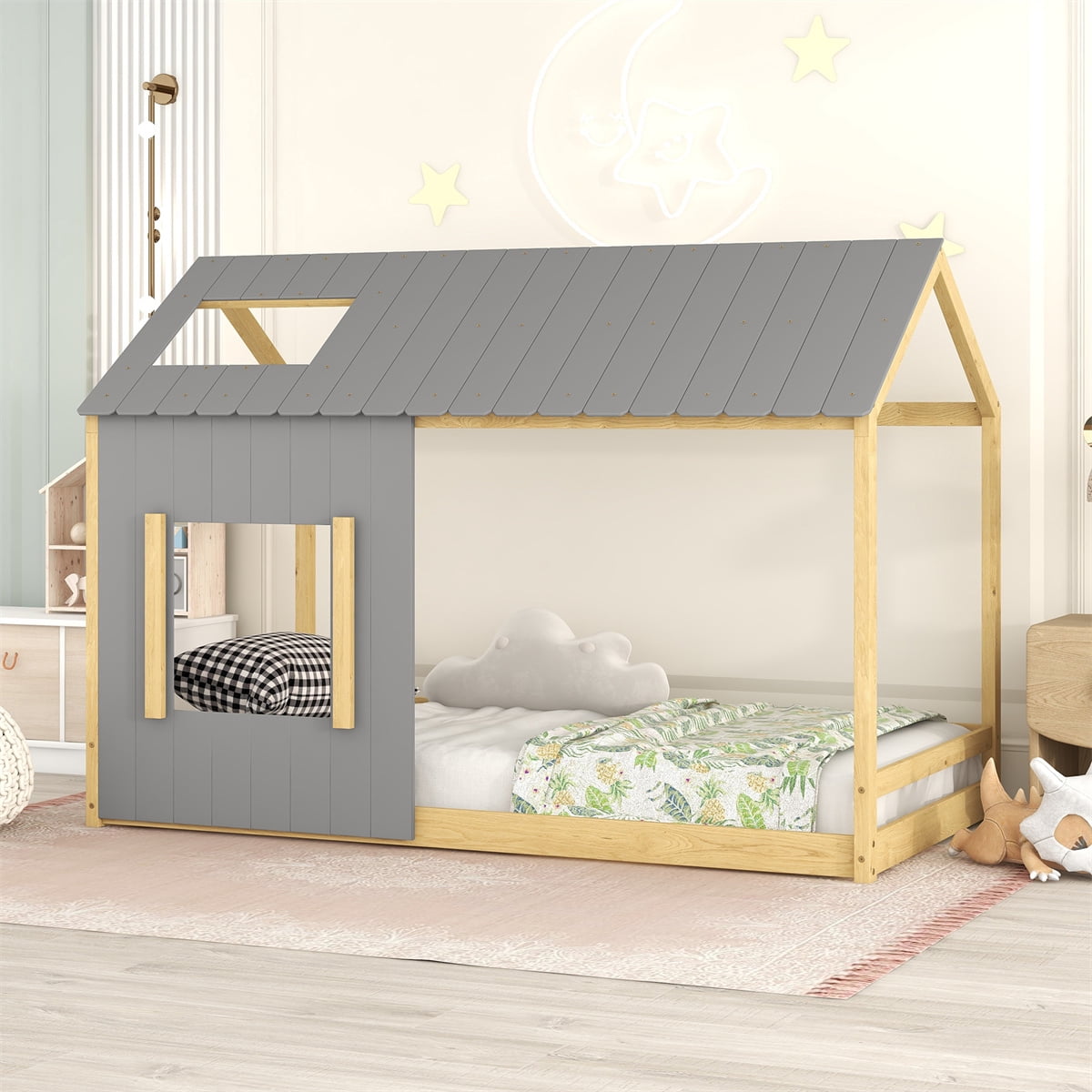 House Platform Bed with Roof and Window,Twin Size Kids Wood House Bed ...