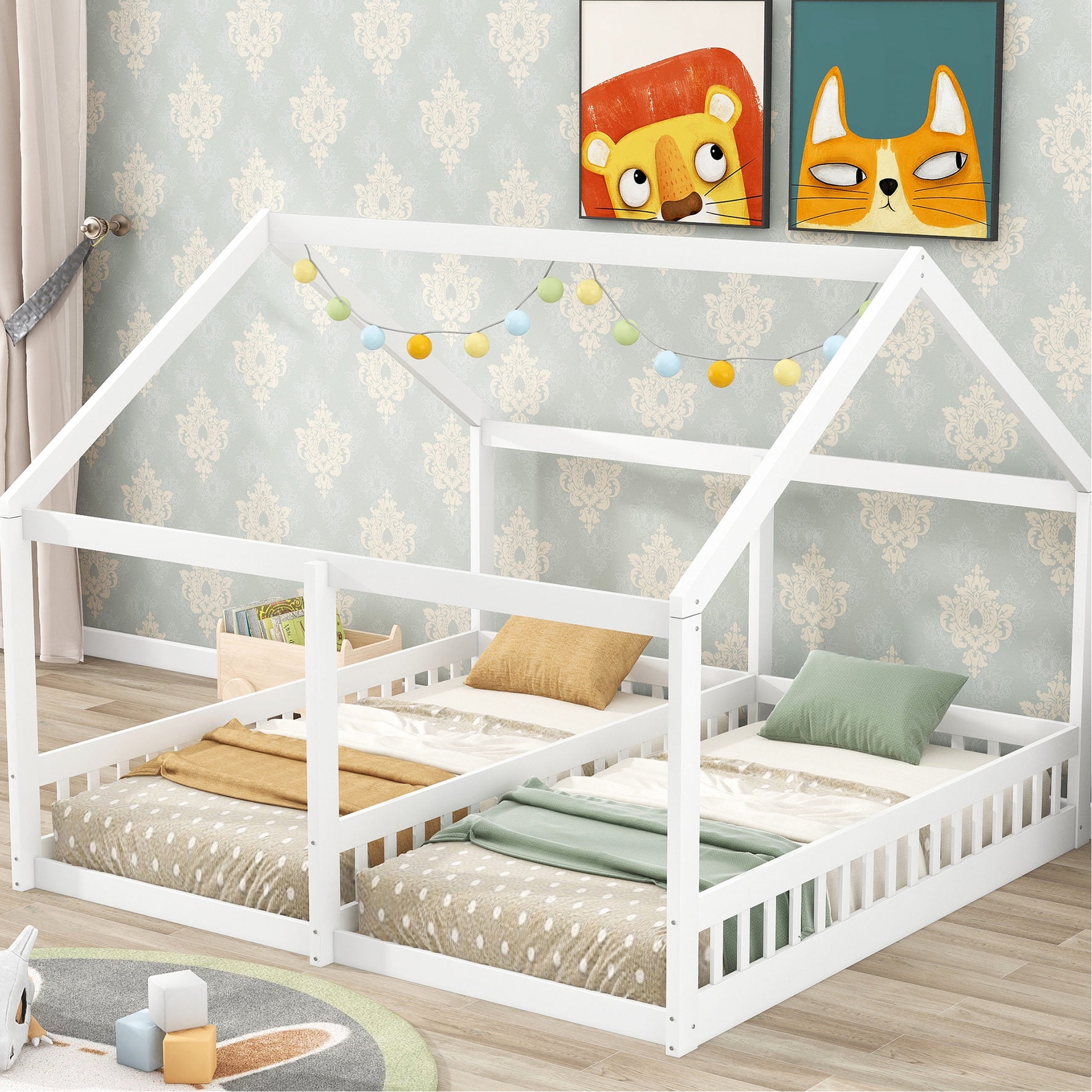 House Platform Twin Beds / Two Side - by - Side White Beds with Window ...