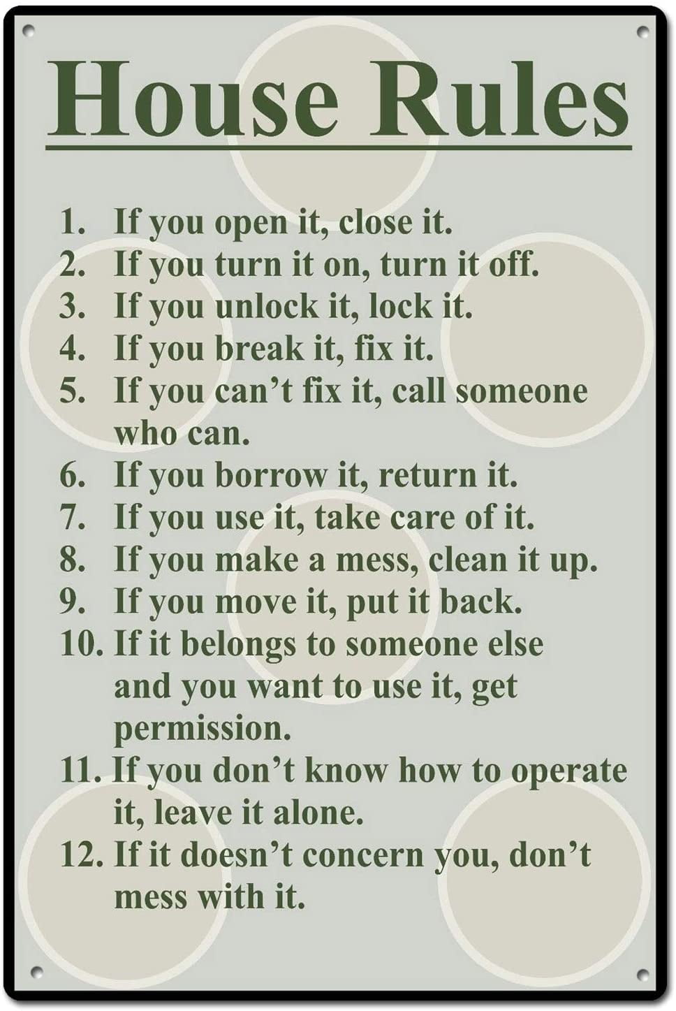 House Rules Funny Tin Sign Metal Sign Metal Decor Wall Sign Wall Poster ...