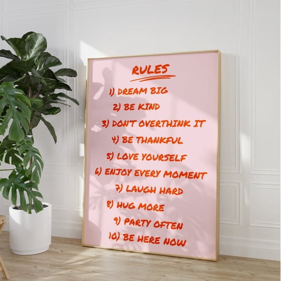 House Rules Pink Orange Retro Quote Wall Art, Unframed Paper Print Size ...