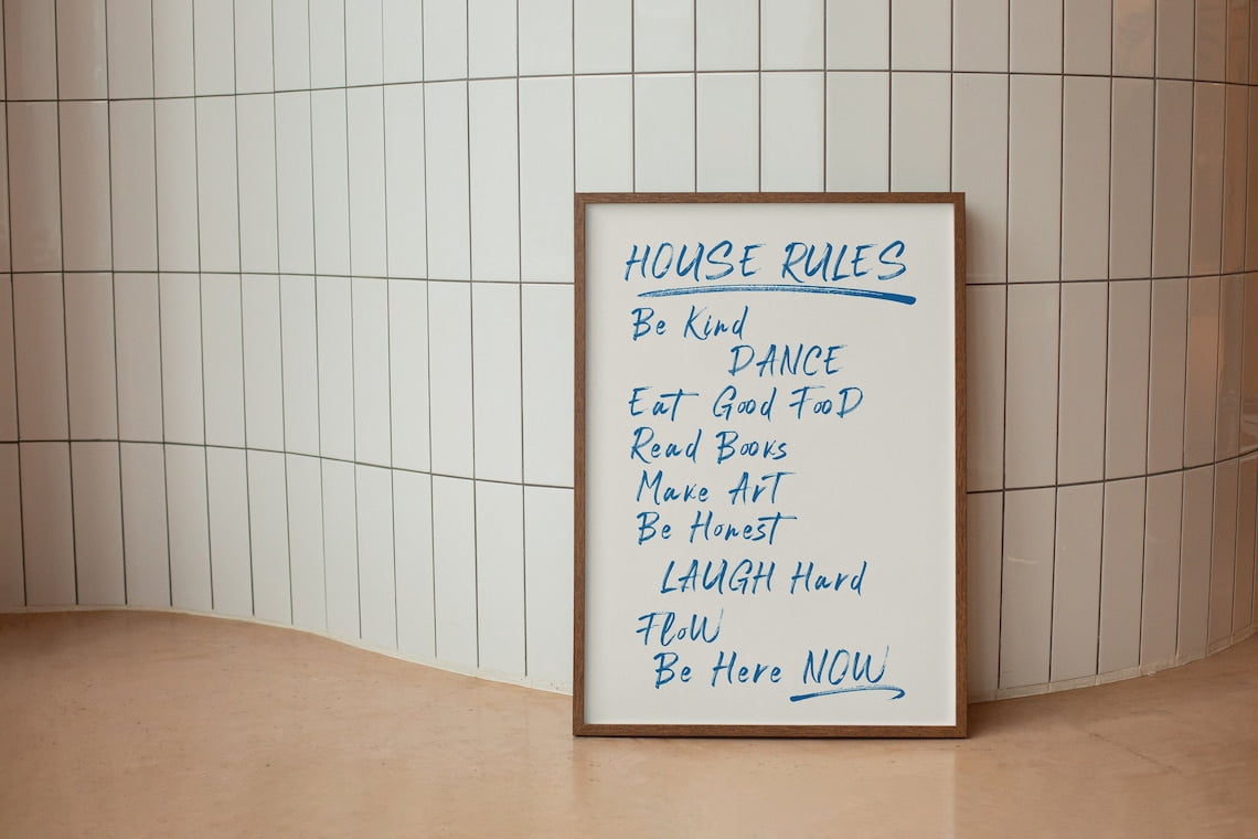 House Rules Wall Art Blue And White Minimalist Poster Housewarming ...