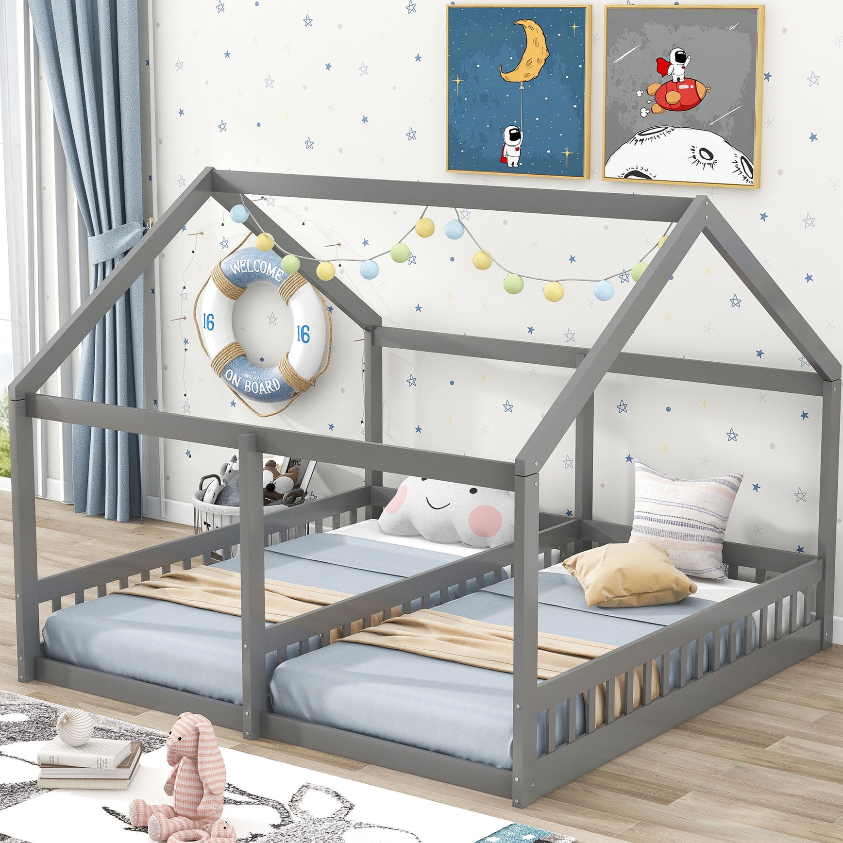 House - Shaped Twin Platform Beds, Pine Wood Frame, Safety Feature ...