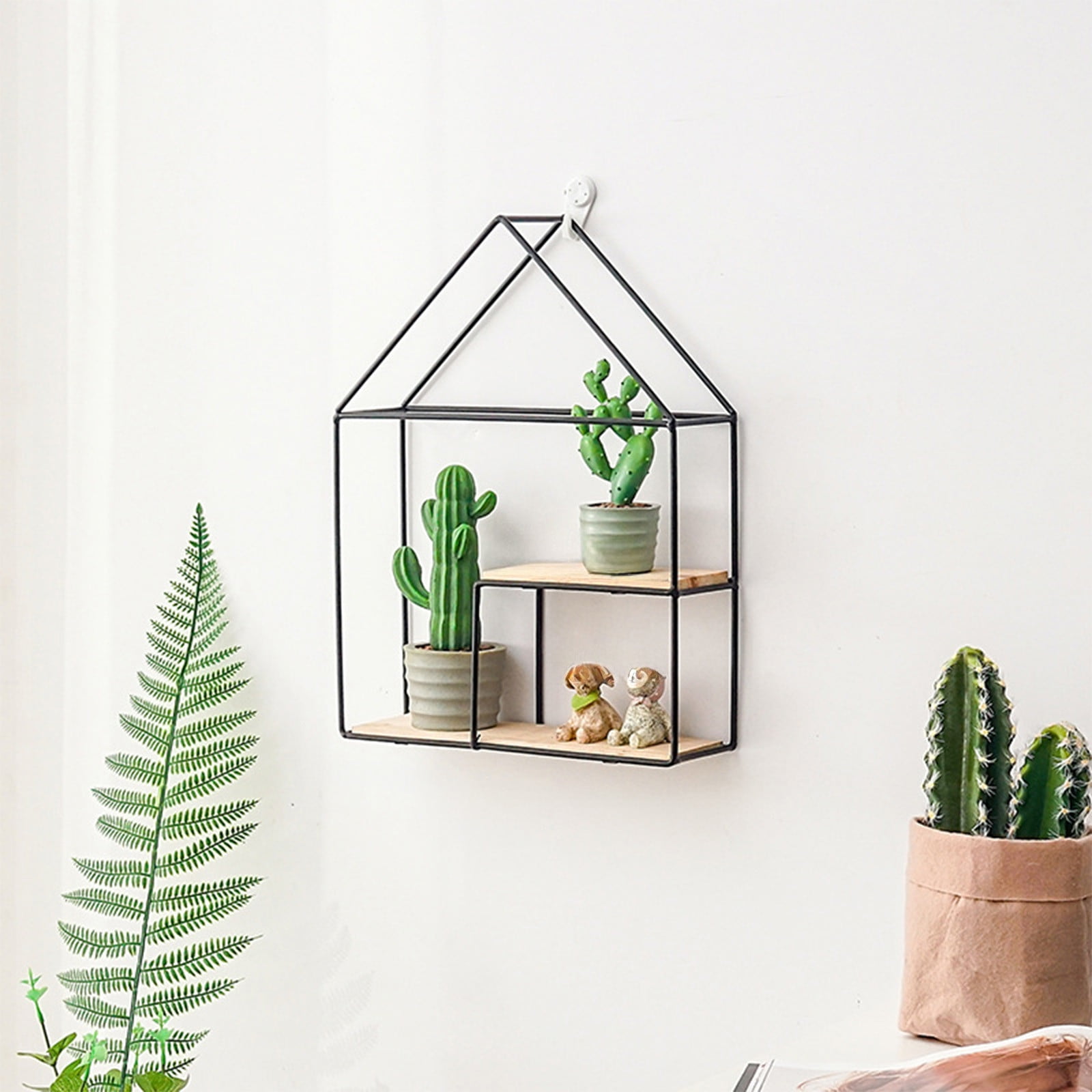 House-Shaped Wall Shelf with Wood Base - No-Drill Double Layer Display ...