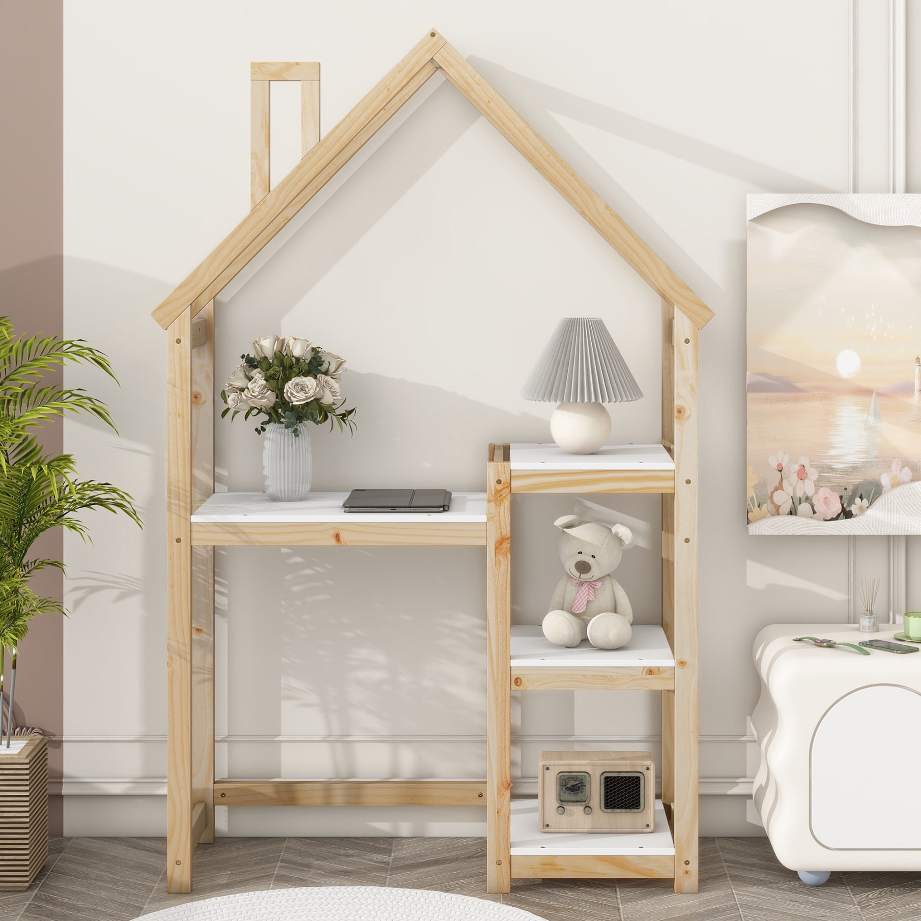 House-Shaped Wooden Writing Desk, Study Table for Kids with 3-Tiers ...