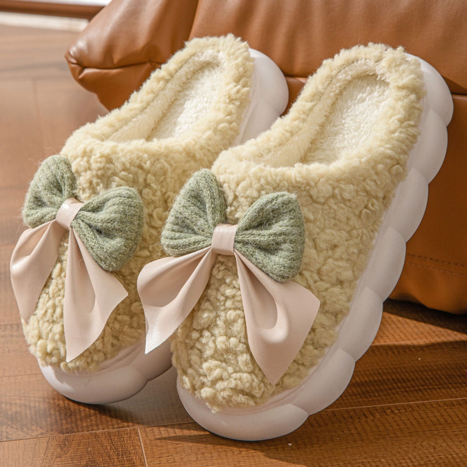 House Slippers for Women Big Bow Fluffy House Slippers Platformed Sole ...