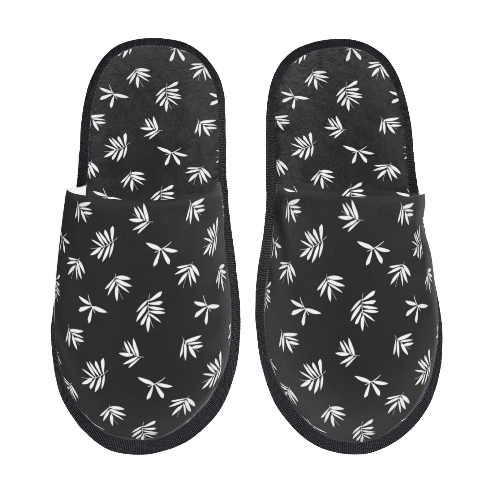 House Slippers for Women and Men Tropical Leaf Black White Comfy Fuzzy ...