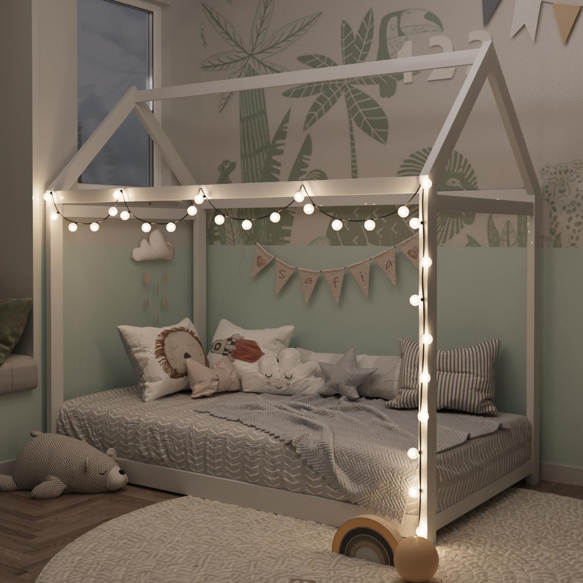 House Style Wood Bed Frame for , Twin Size Floor Bed with Solid Wood ...