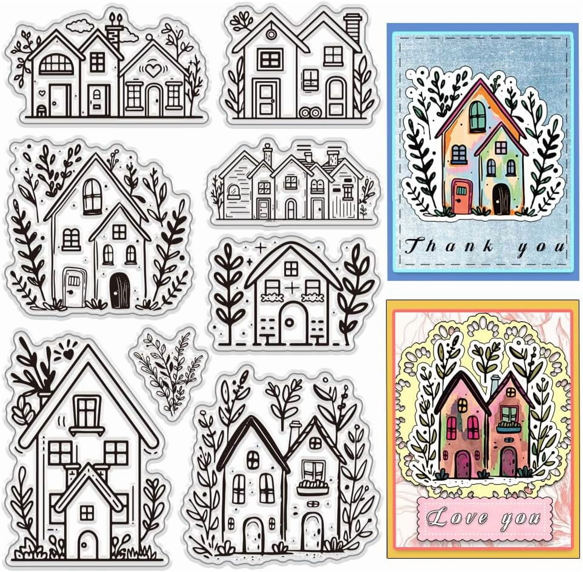 House Theme Clear Stamps Set 8pcs Line Drawing Style Rubber Stamp ...