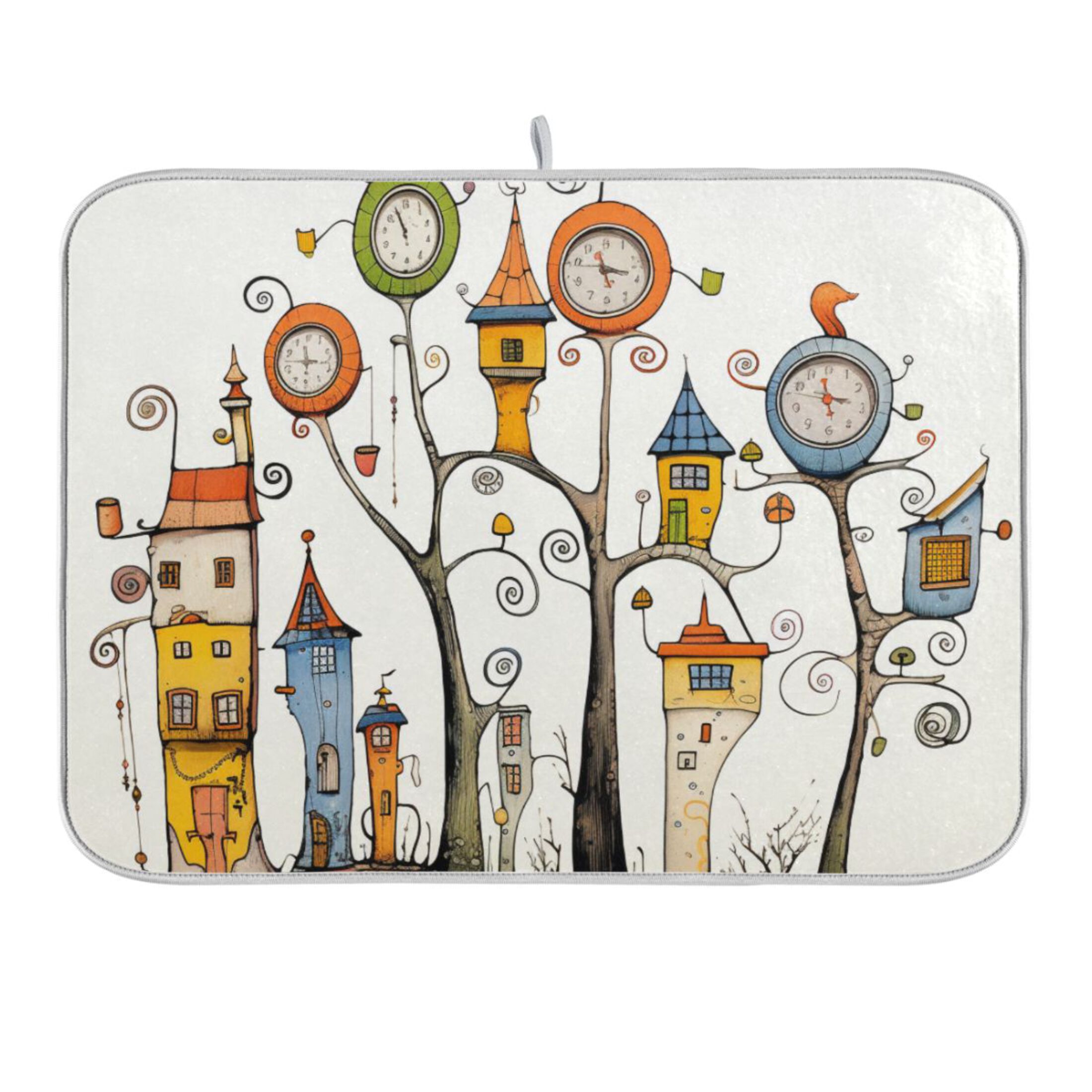 House and Tree with Clock Dish Drying Mat for Kitchen Counter 16x18 In ...