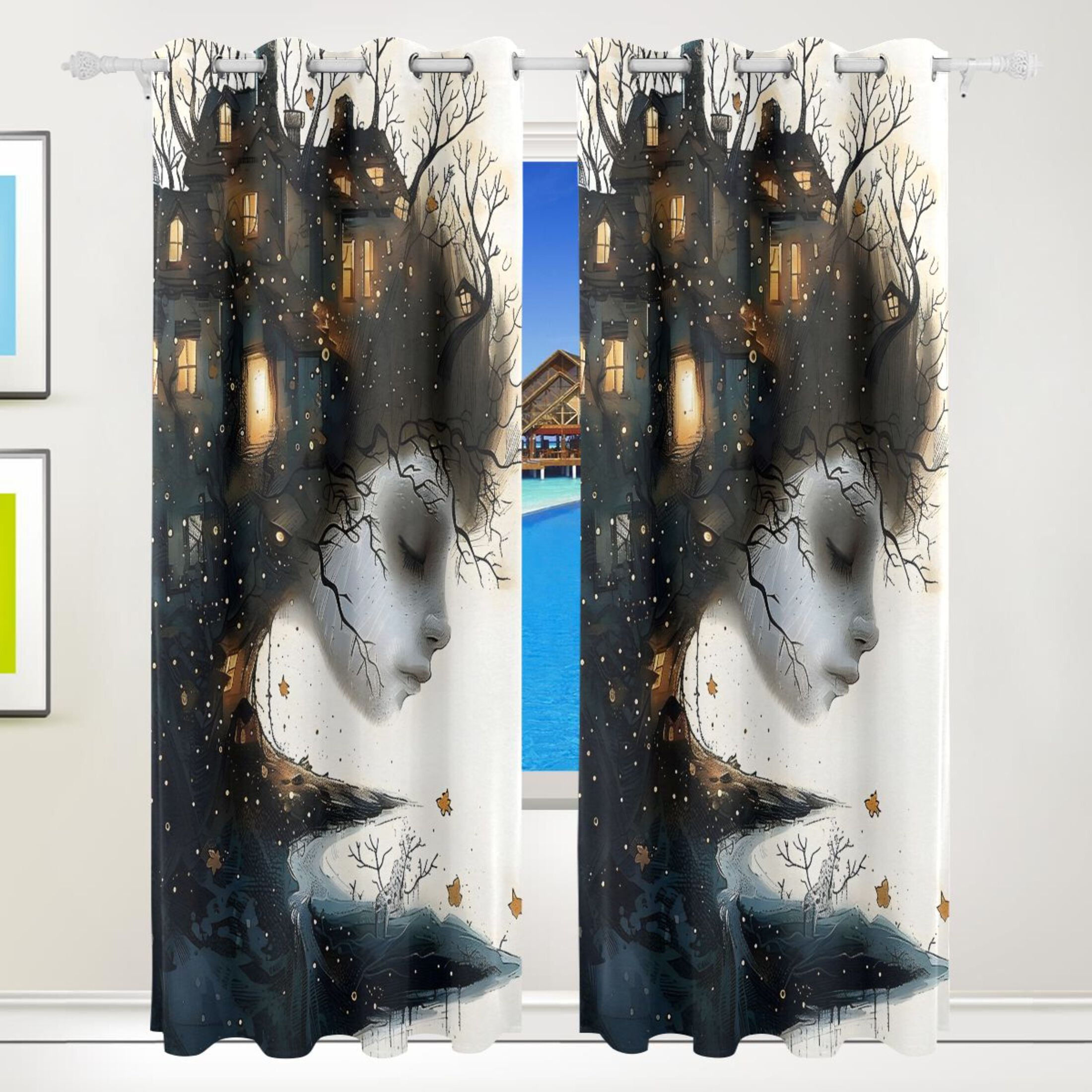 House Tree Girl Face Blackout Curtains 84 inch Length 2 Panels Grommet ...