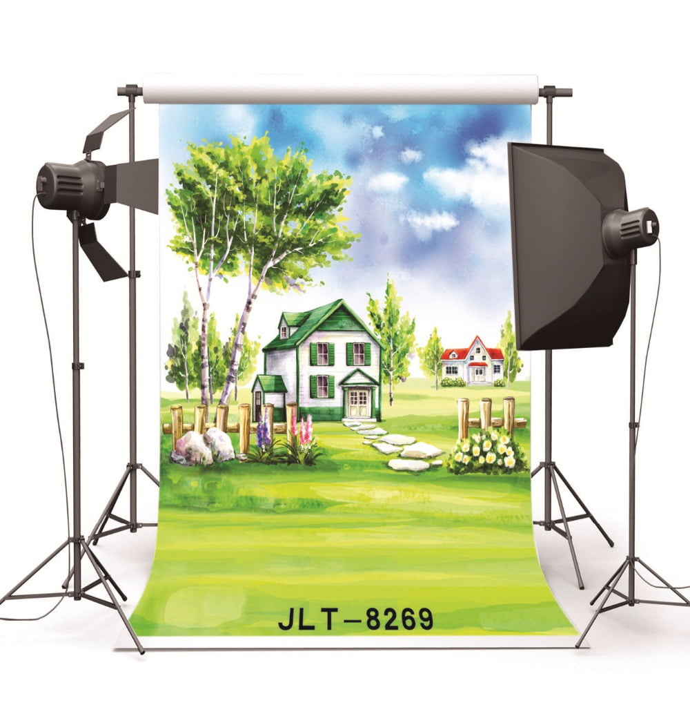 House Tree Grassland Paintings Vinyl Backdrops Computer Printed ...