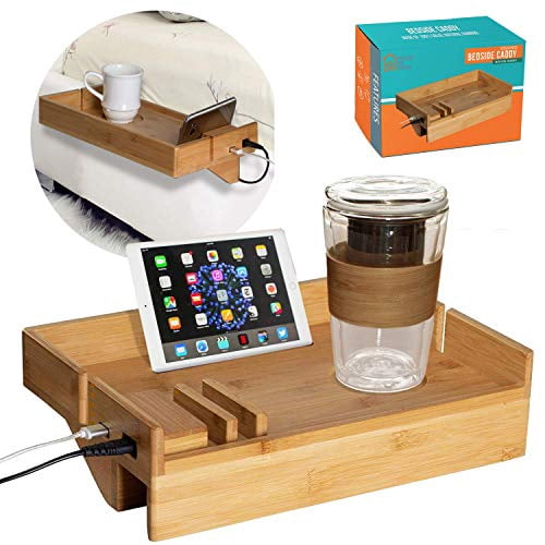 Bamboo Bedside Bed Shelf- with USB Ports to Charge Devices, Powder ...