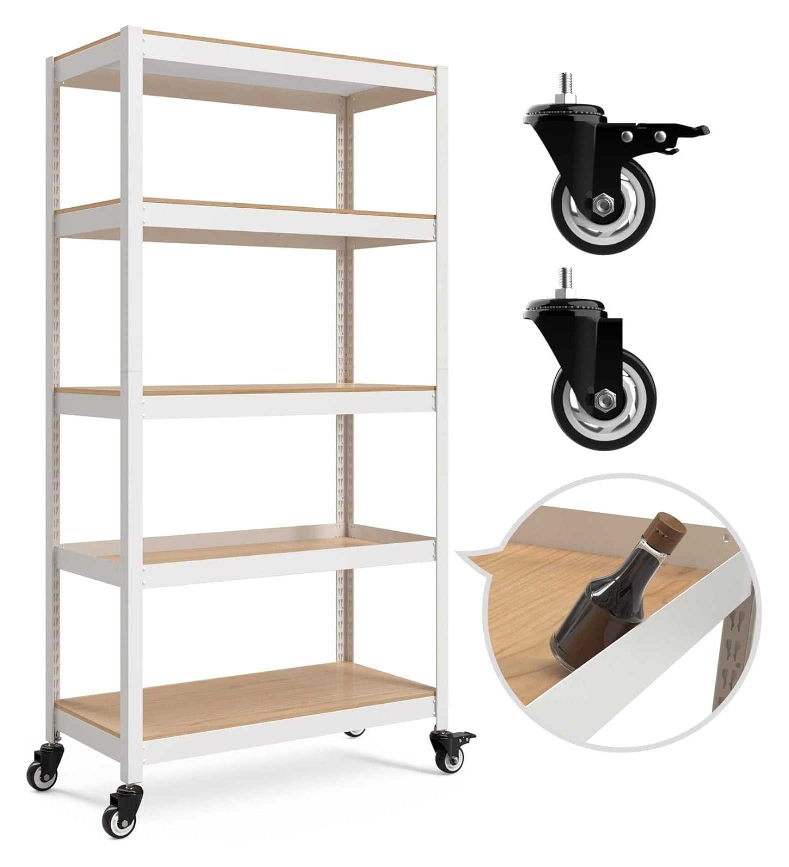 House White 5-Tier Metal Boltless Rolling Cart Shelf Rack Casters Heavy ...
