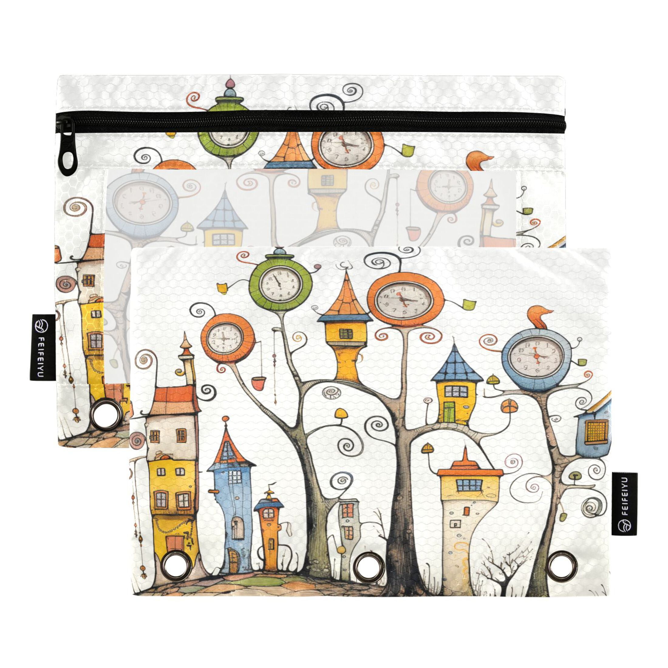 House and Tree with Clock 2 Pack Pencil Pouch for 3 Ring Binder Smooth ...
