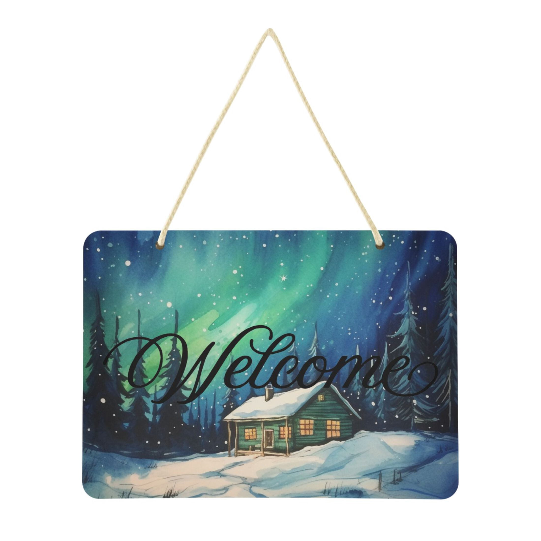 House in Winter under Aurora Welcome Sign Front Door PVC 14x10 inch ...