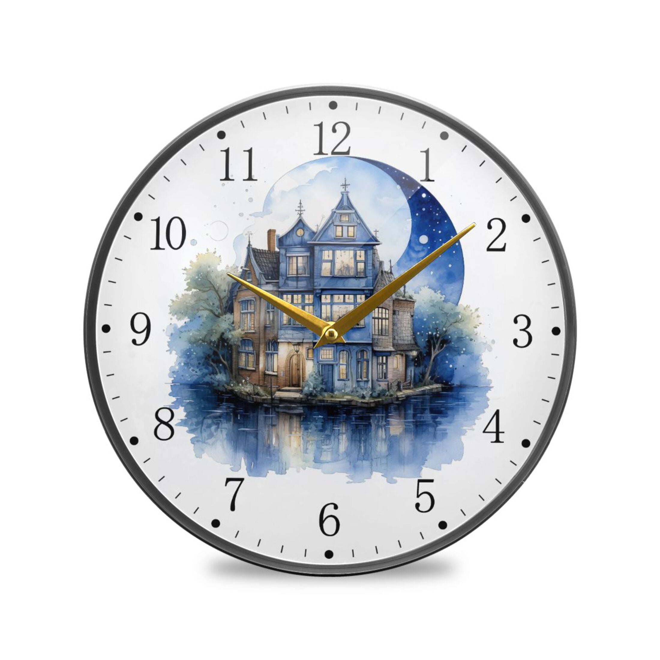House on Blue Acrylic Wall Clocks Quiet Round Clock Battery Operated ...