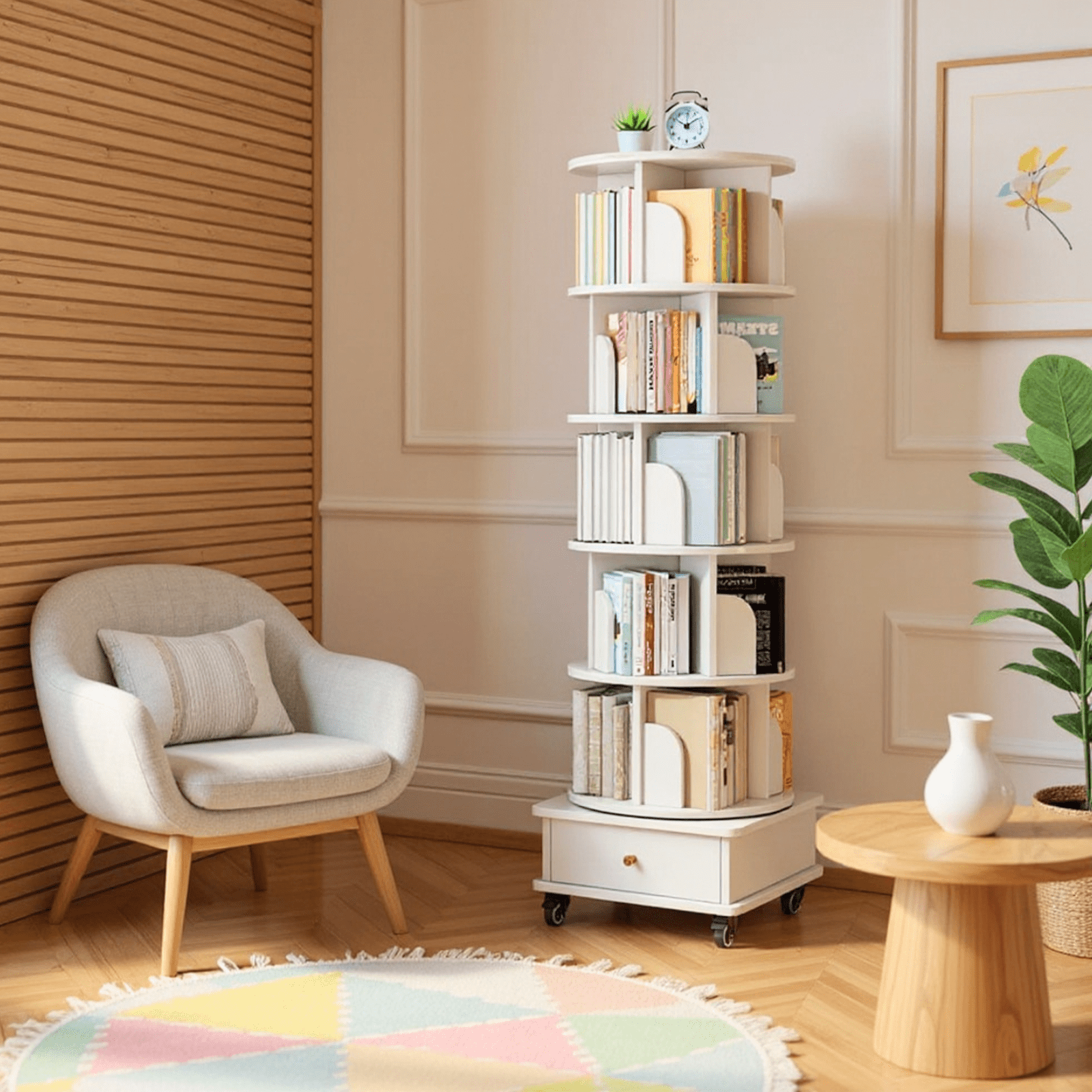 HouseInBox 360° Rotating Bookcase with Drawer & Wheels, Bookshelf for ...