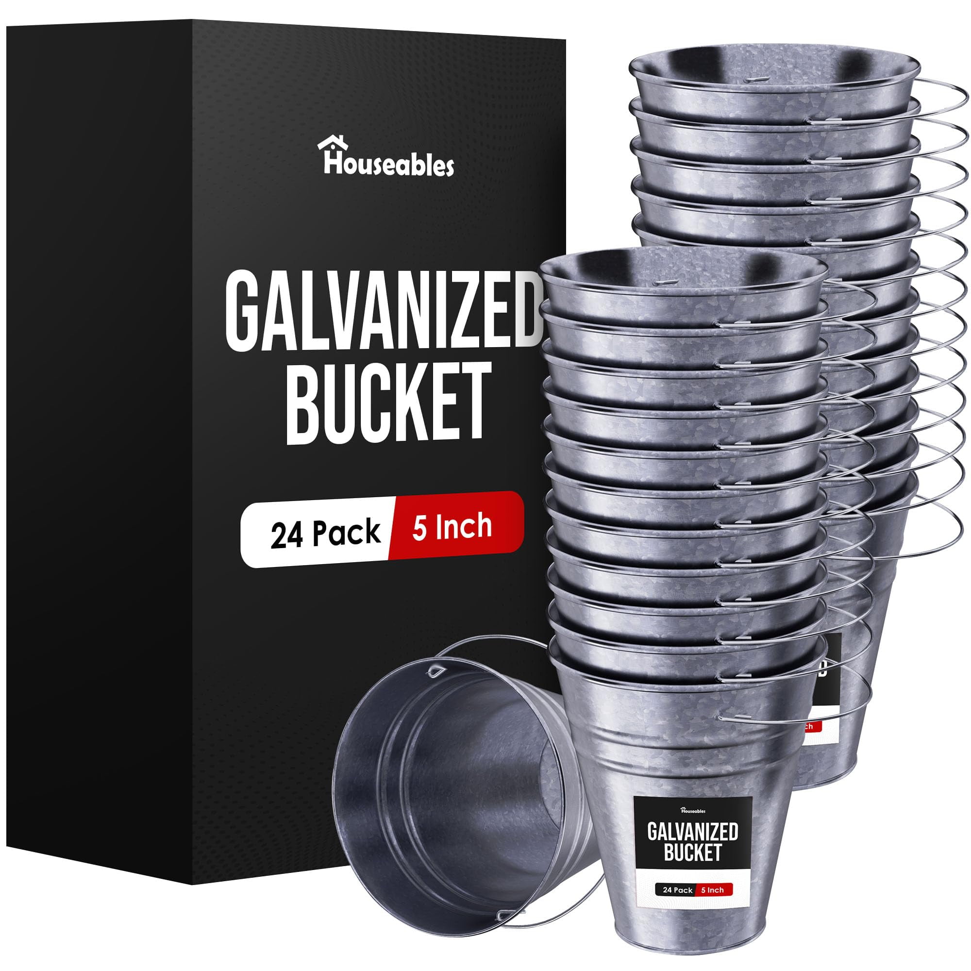 Houseables Galvanized Buckets, Metal Bucket, Silver, 4.5" W x 5" H, 24 ...