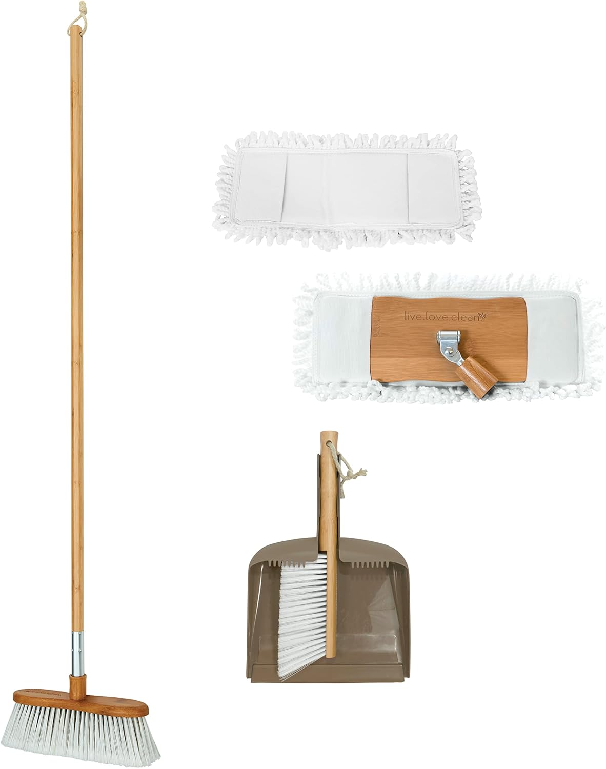 Household Cleaning Kit with Bamboo Broom, 2-in-1 Wet/Dry Dust Mop Head ...