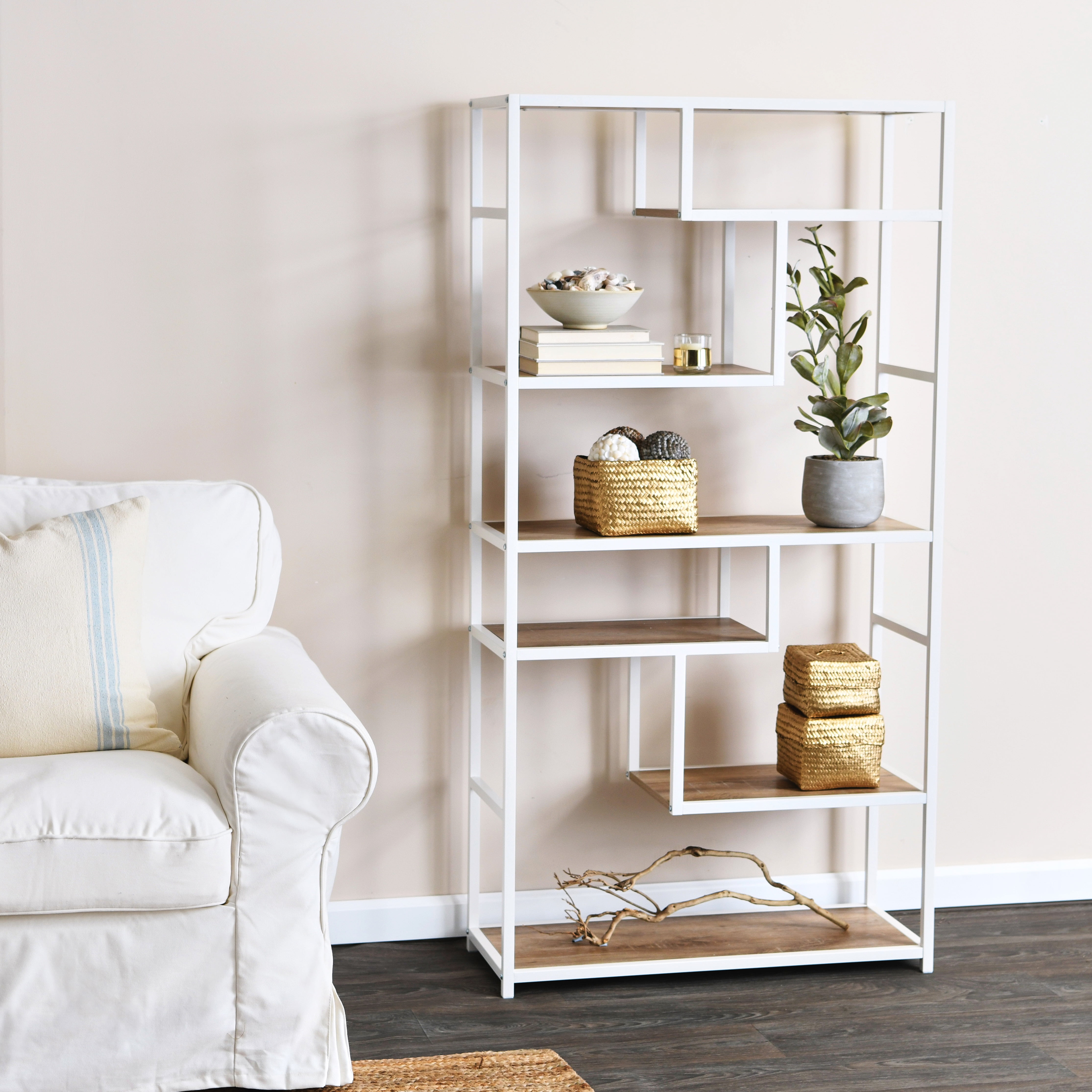 Household Essentials 6 Tier 65'' Tall Etagere Bookcase, Coastal Oak ...