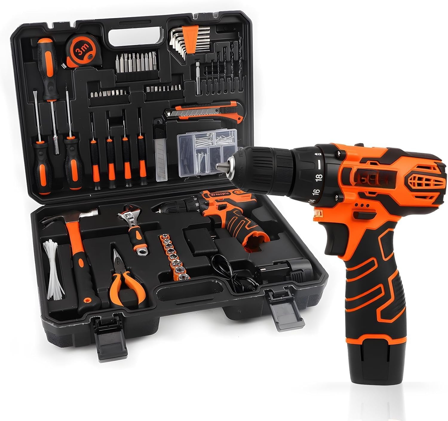Household Tool Set with 12V Cordless Drill Driver, Hand Tool Kit for ...