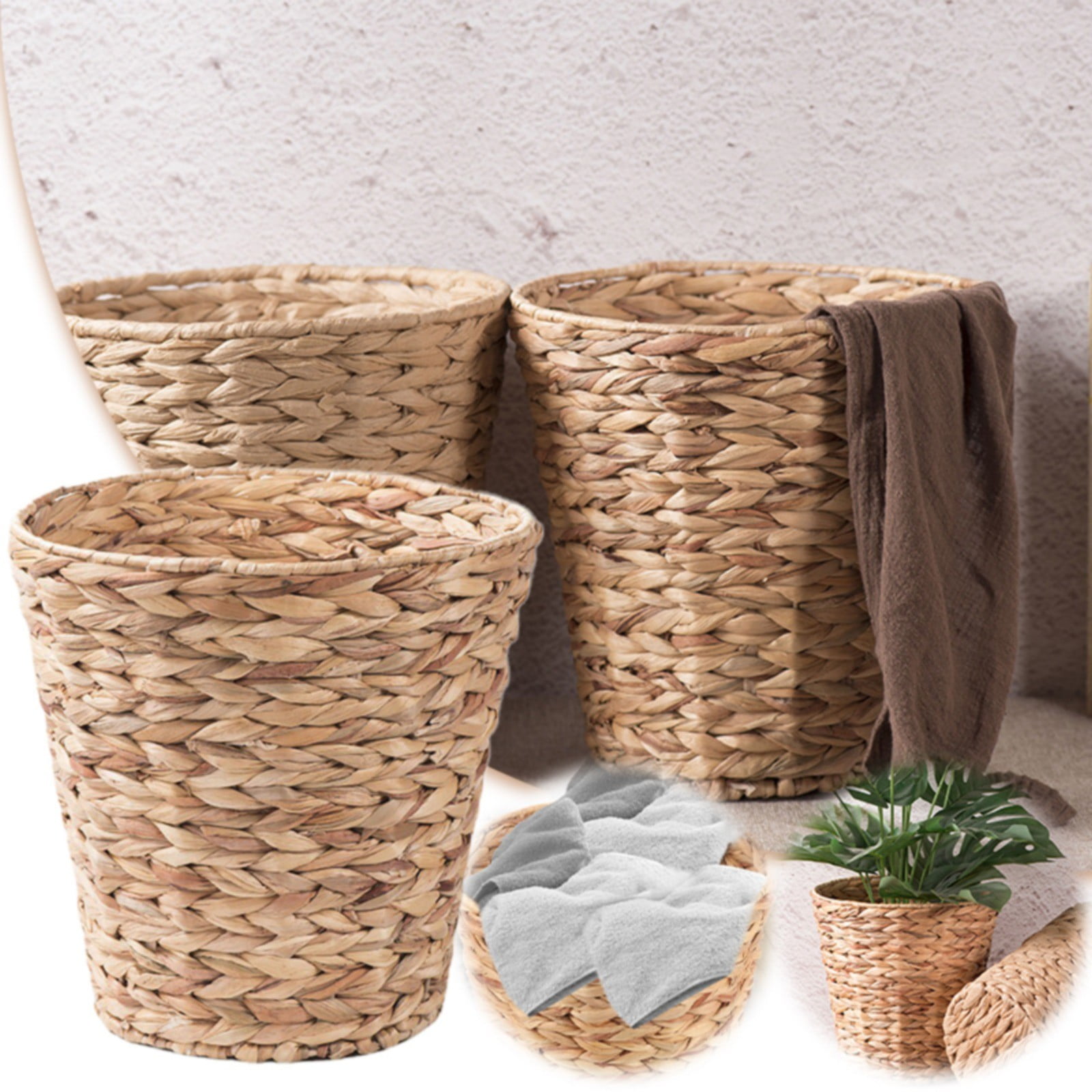 Household Woven Water Hyacinth Wicker Waste Basket Round Waste Paper ...