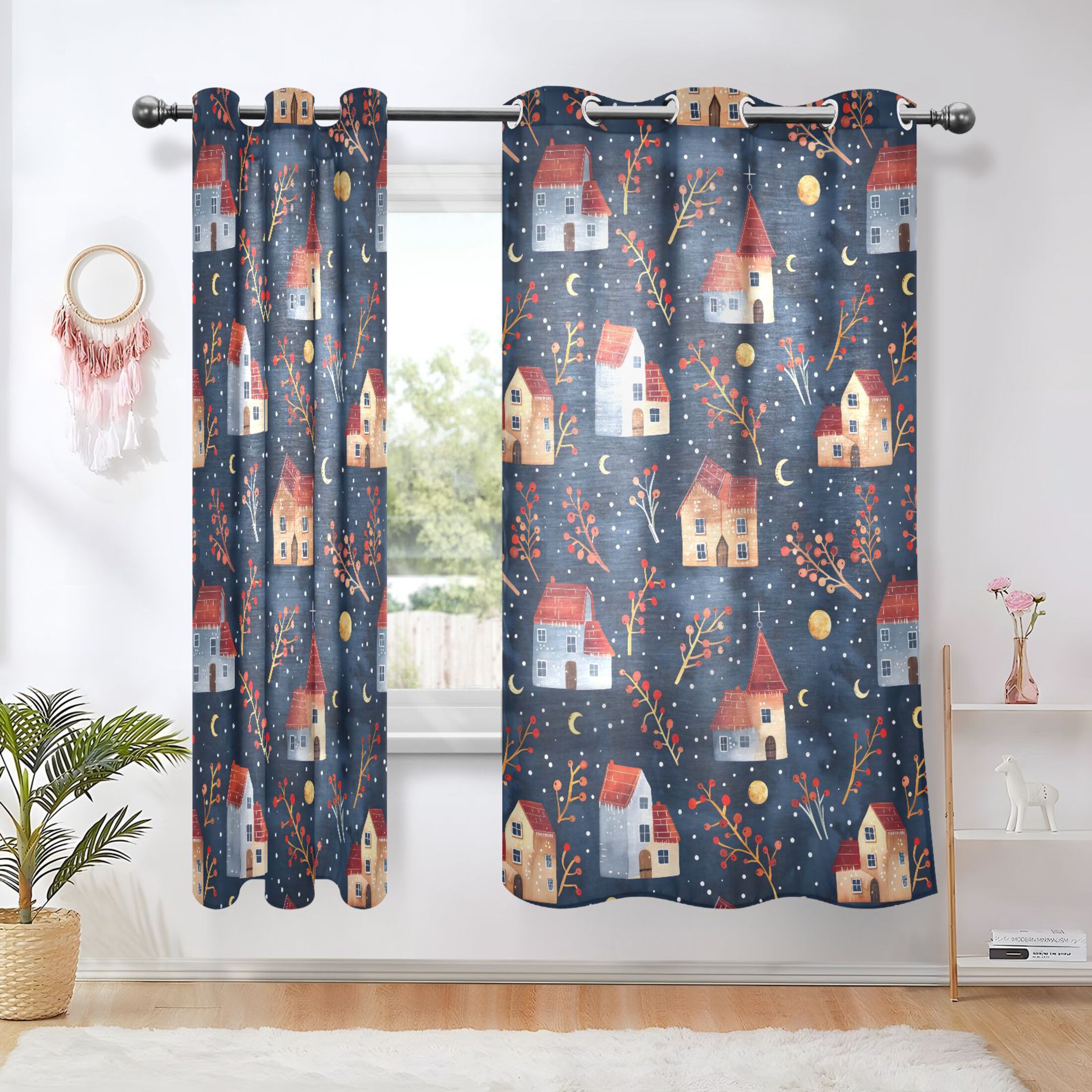 Houses Barberry Branches Stars Moon Sheer Curtains 2 Panels Set Grommet ...
