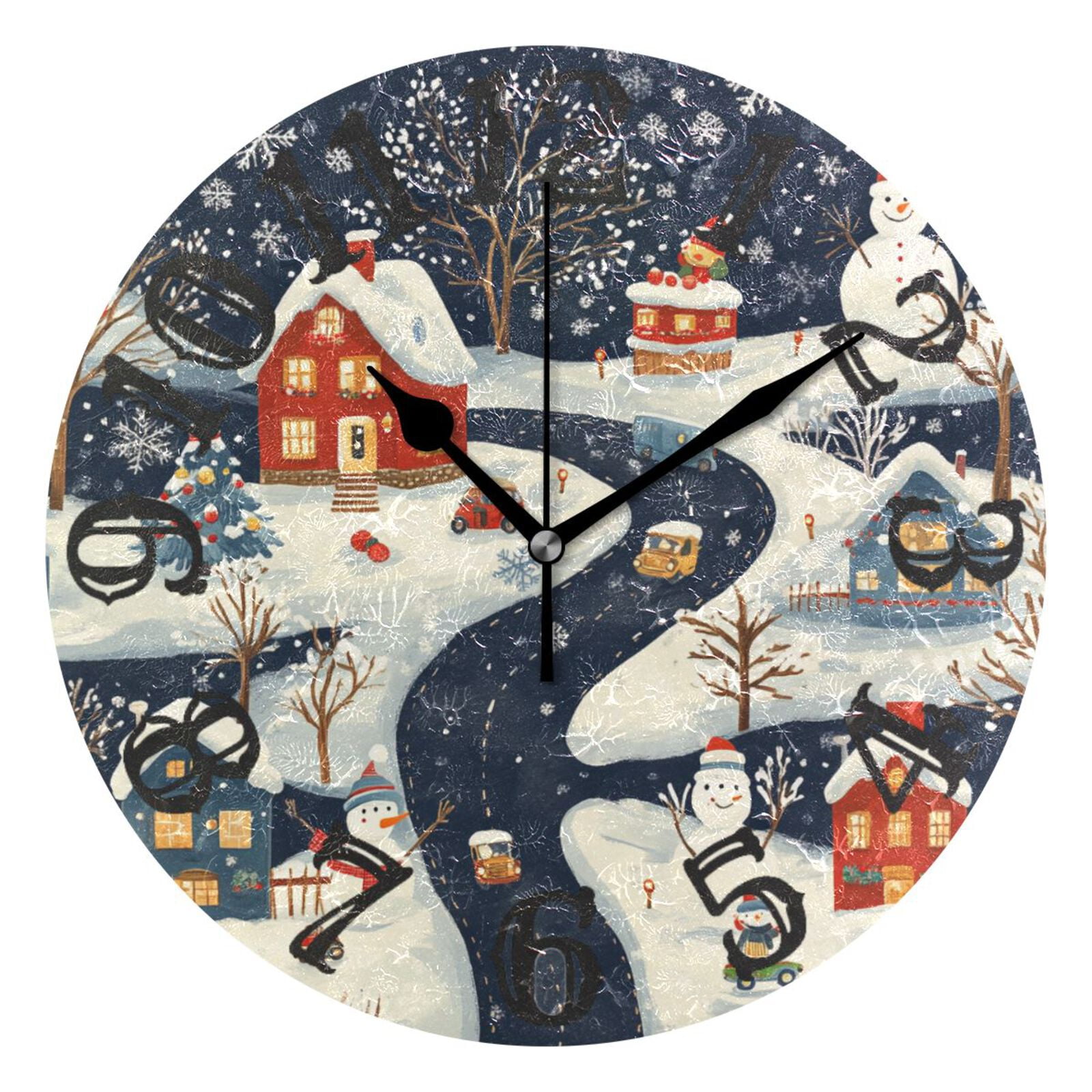 Houses Snowman Cars Wall Clock 10 inch Non-Ticking Easy to Read ...