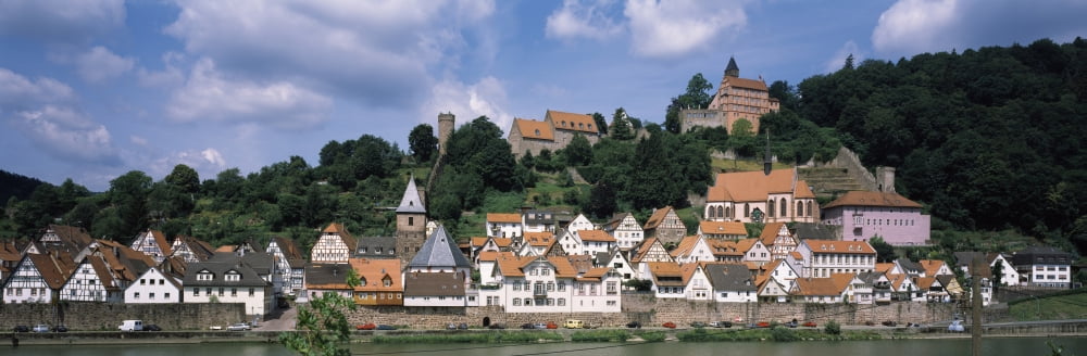 Houses at the waterfront, Necker River, Hirschhorn, Hesse, Germany ...