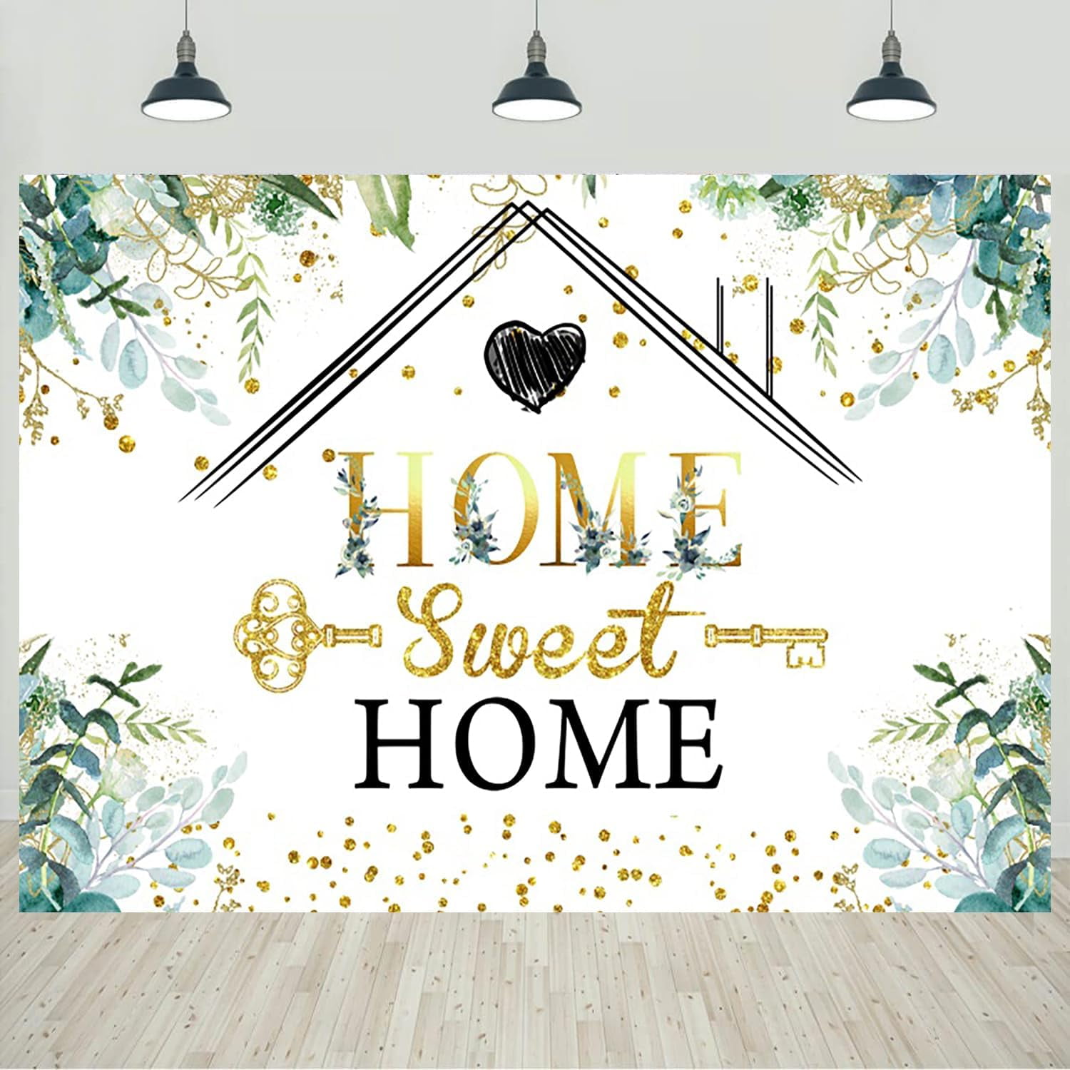 Housewarming Backdrop Home Sweet Home Green Leaves Gold House Key ...