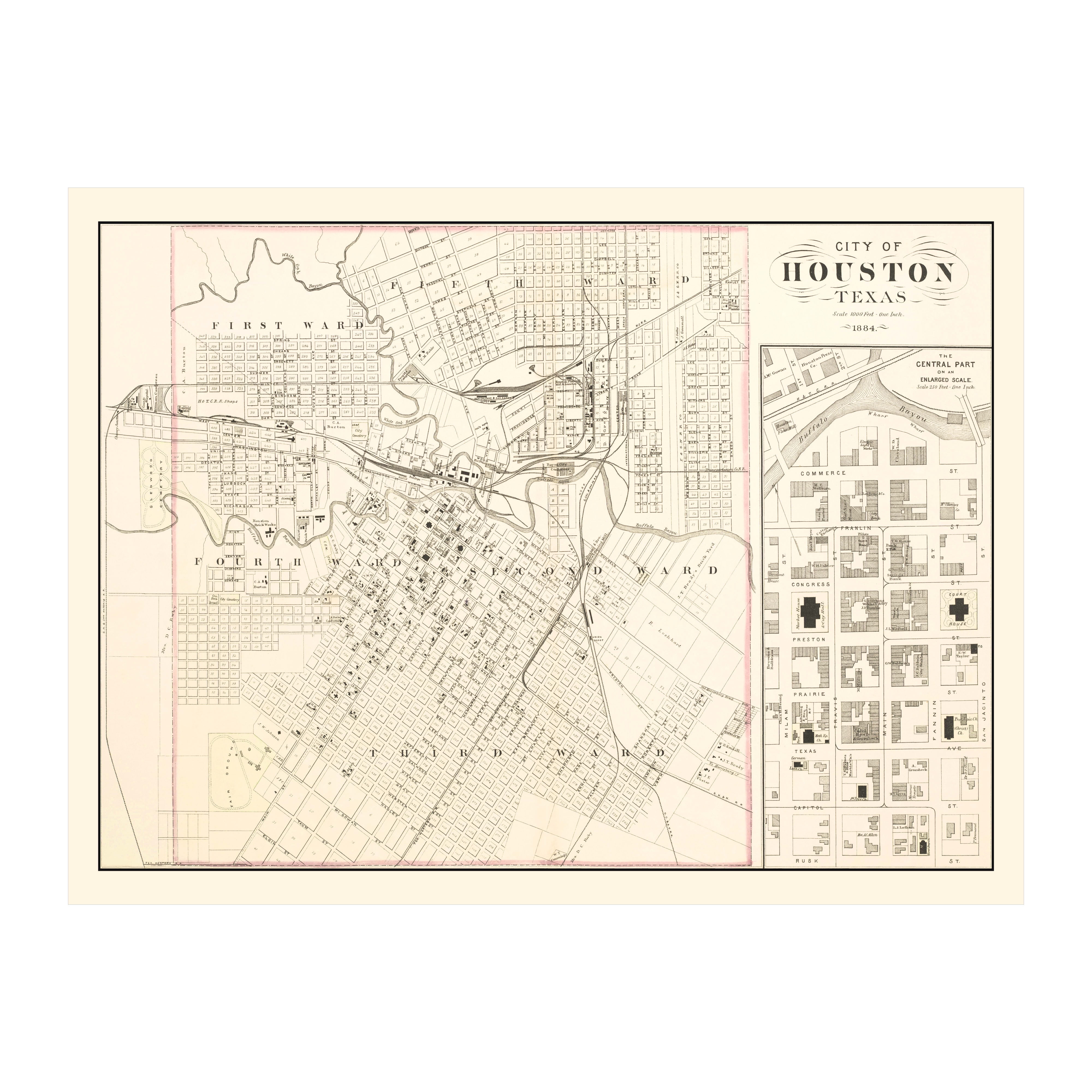 Houston Art, 1884 Vintage Map of Houston Texas, TX History Wall Decor ...