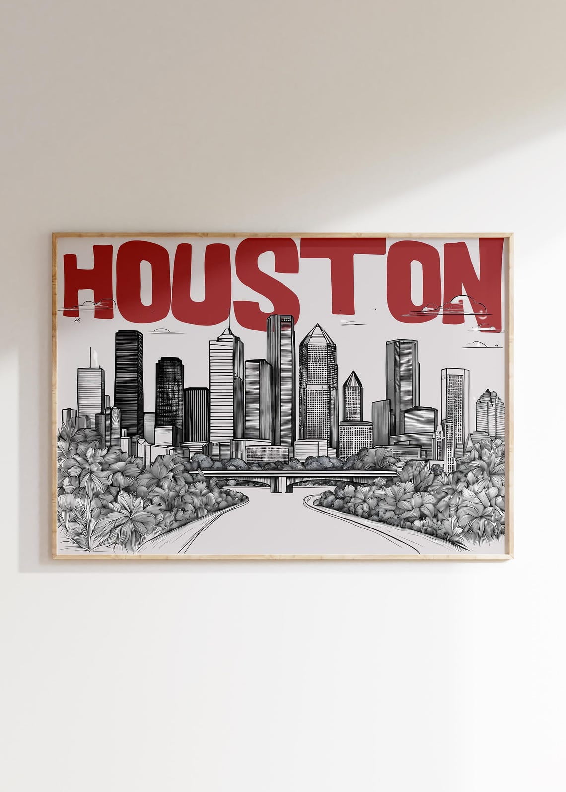 Houston Skyline Poster - Modern Black And Red Wall Art, Texas Cityscape ...