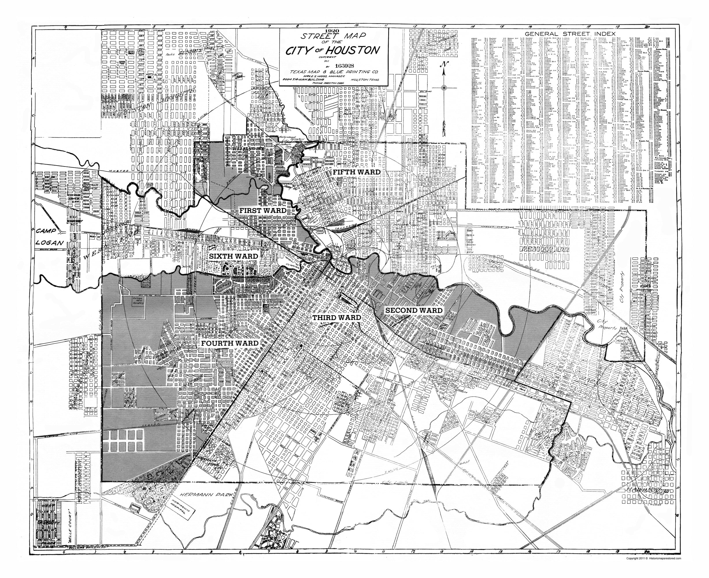 Historic City Map - Houston Texas - Blue 1920 - 23 x 28.21 - Vintage ...
