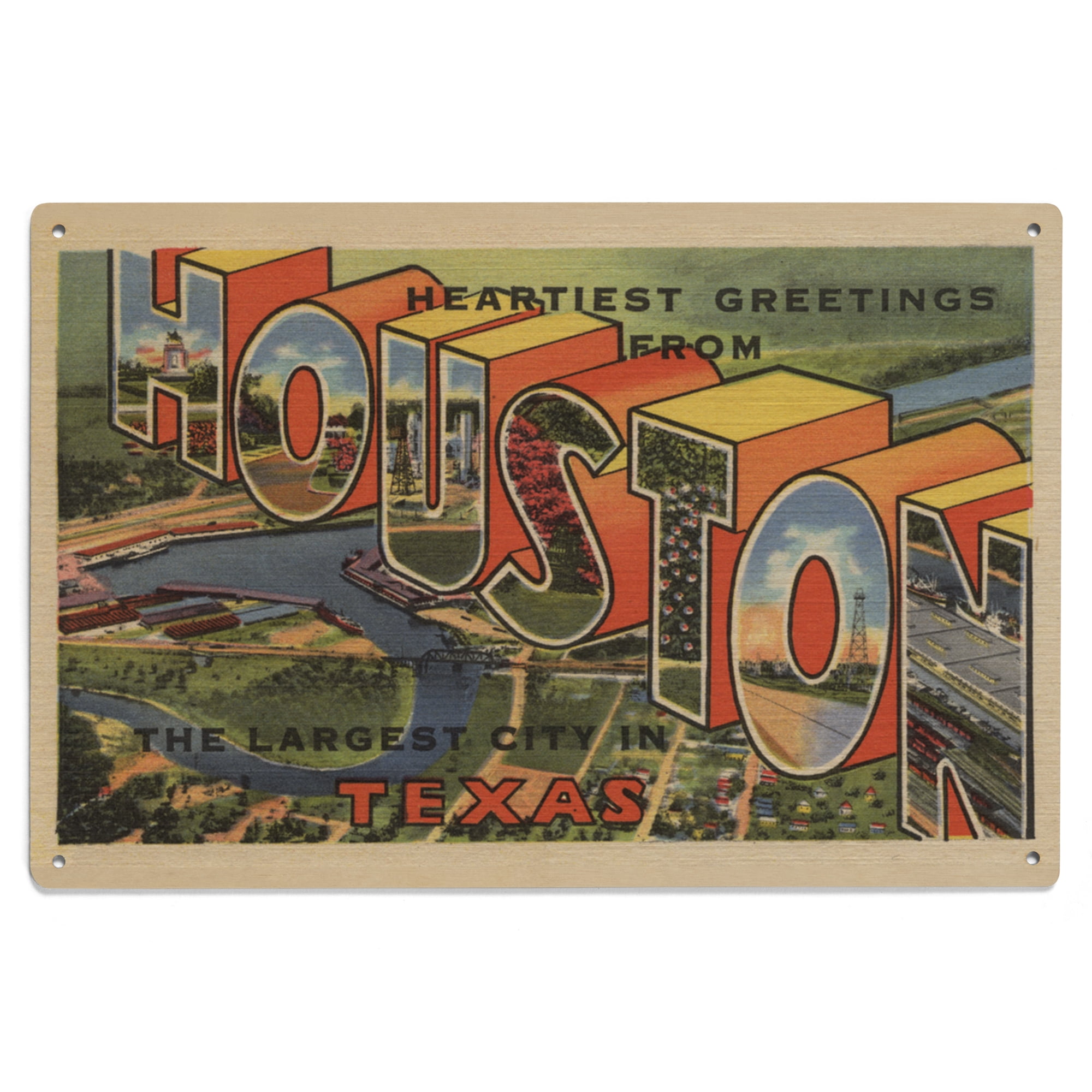 Houston, Texas, Large Letter Scenes, Vintage Halftone Birch Wood Wall ...