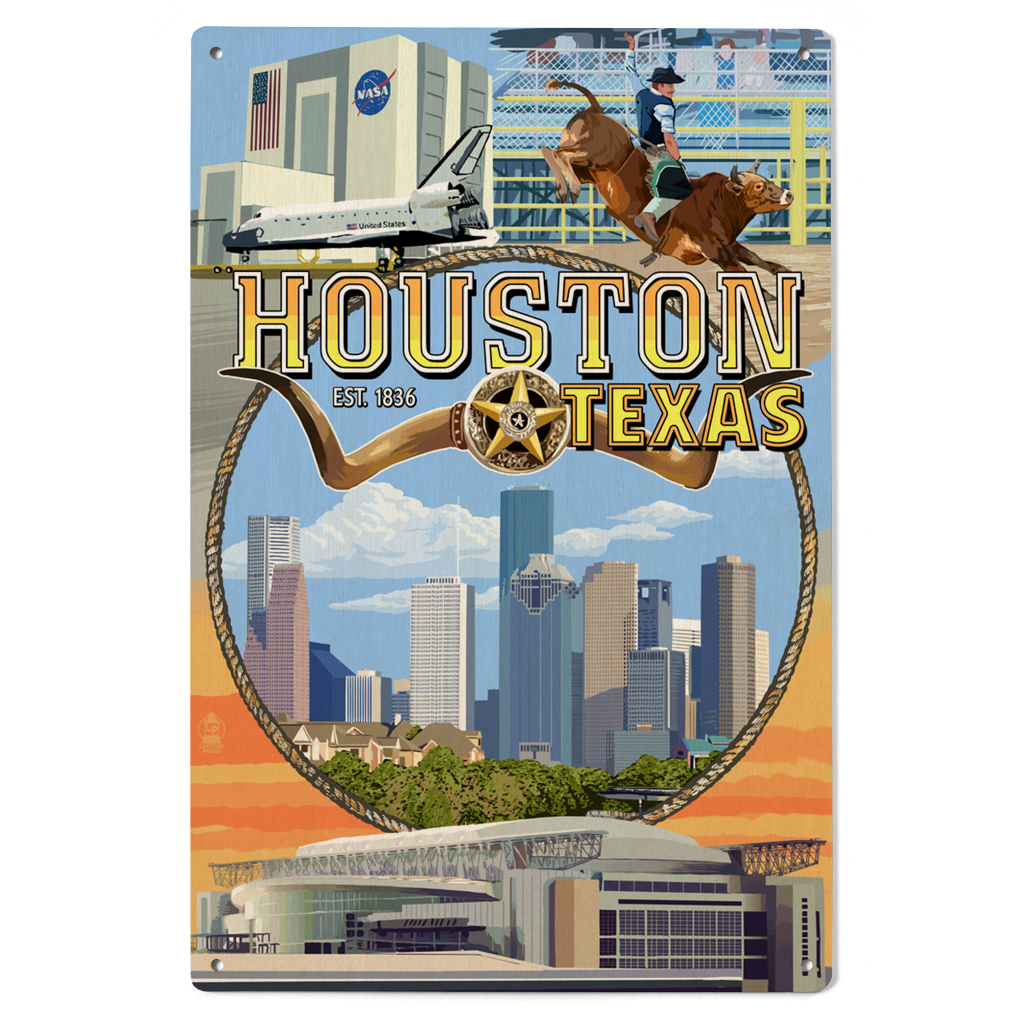 Houston, Texas, Montage Scenes Birch Wood Wall Sign (6x9 Rustic Home ...