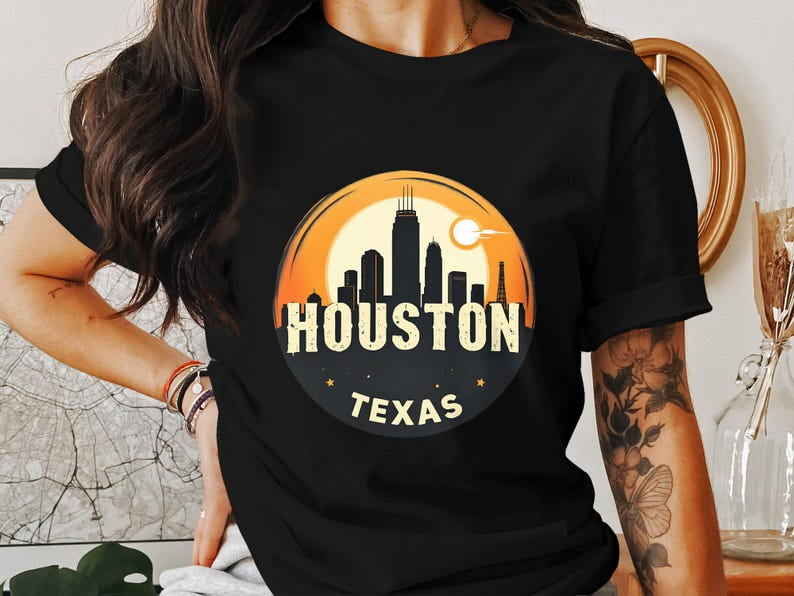 Houston Texas Retro Cityscape Design T-Shirt, vintage Houston skyline ...