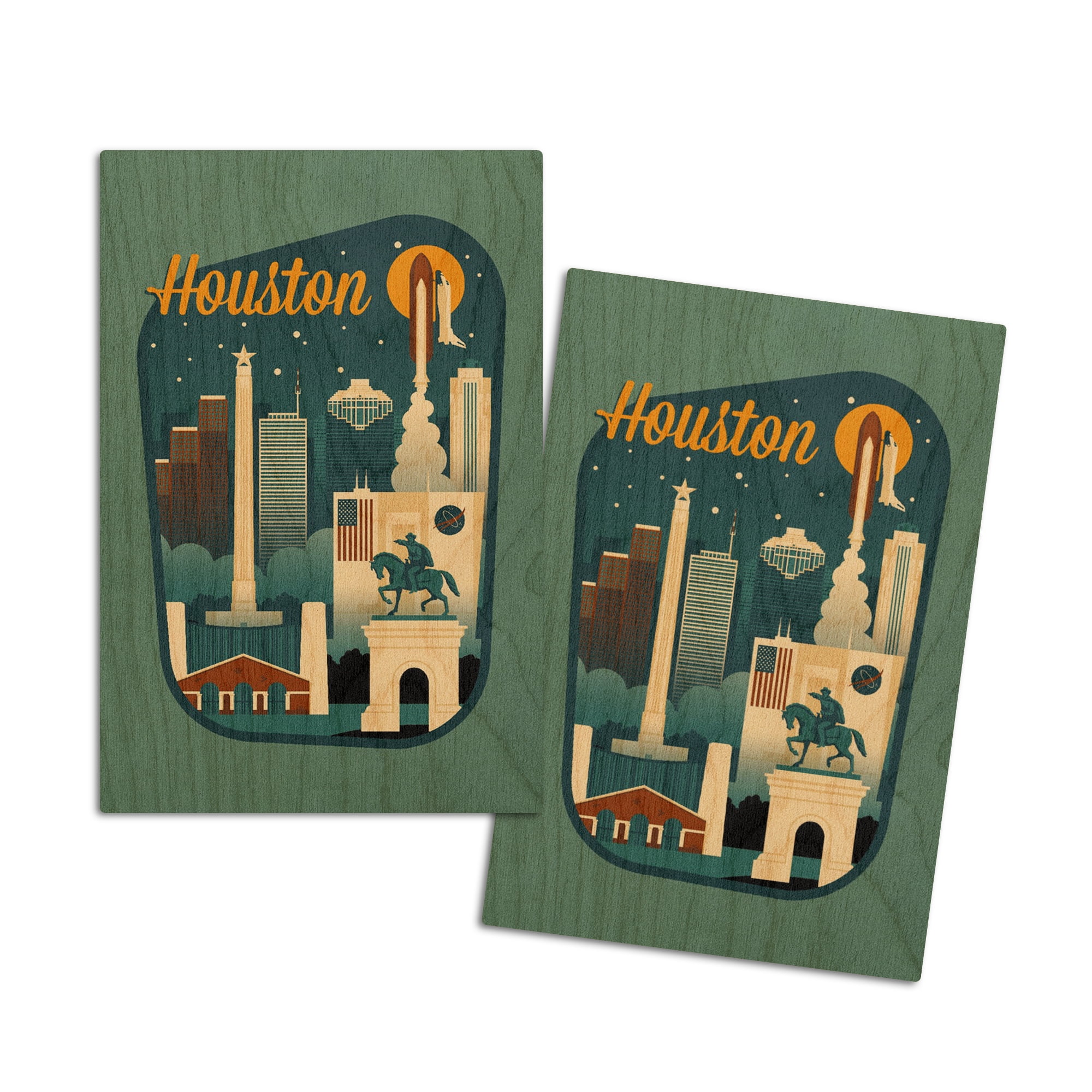 Houston, Texas, Retro Skyline, Contour (4x6 Birch Wood Postcards, 2 ...