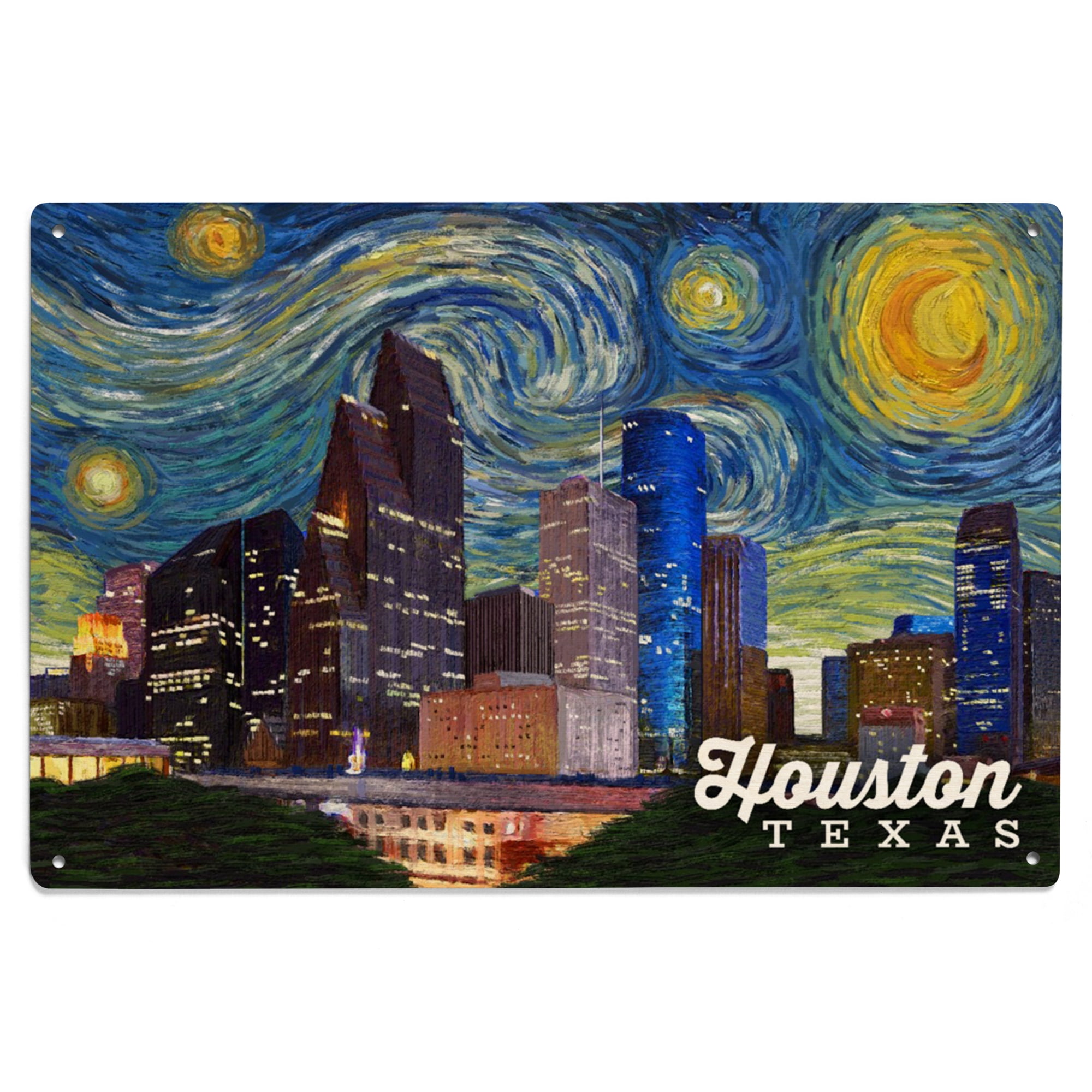 Houston, Texas, Starry Night Series Birch Wood Wall Sign (6x9 Rustic ...
