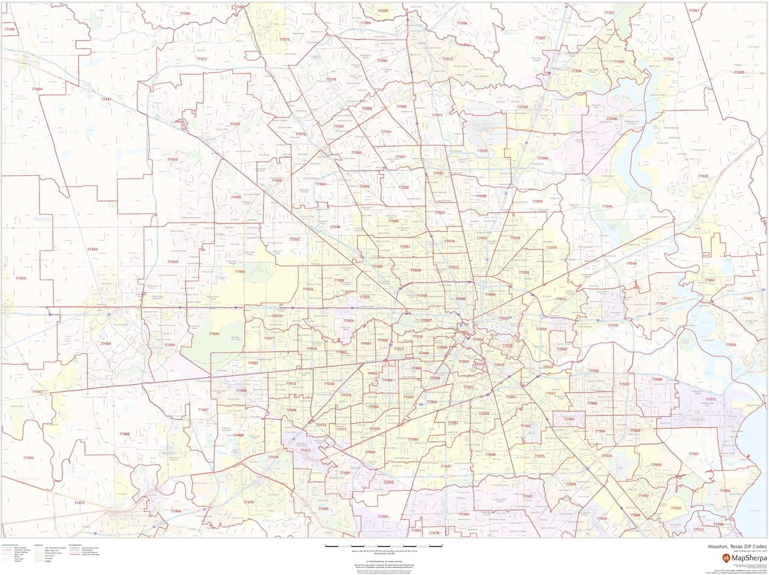 Houston, Texas Zip Codes - 48" x 36" Laminated Wall Map - Walmart.com