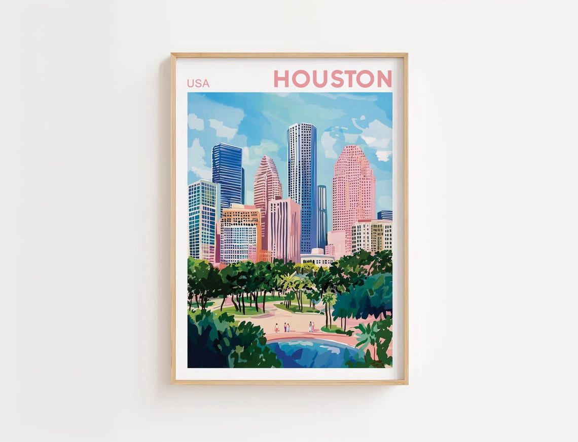 Houston Travel Poster Poster, Houston City Wall Art, Texas Wall Art ...