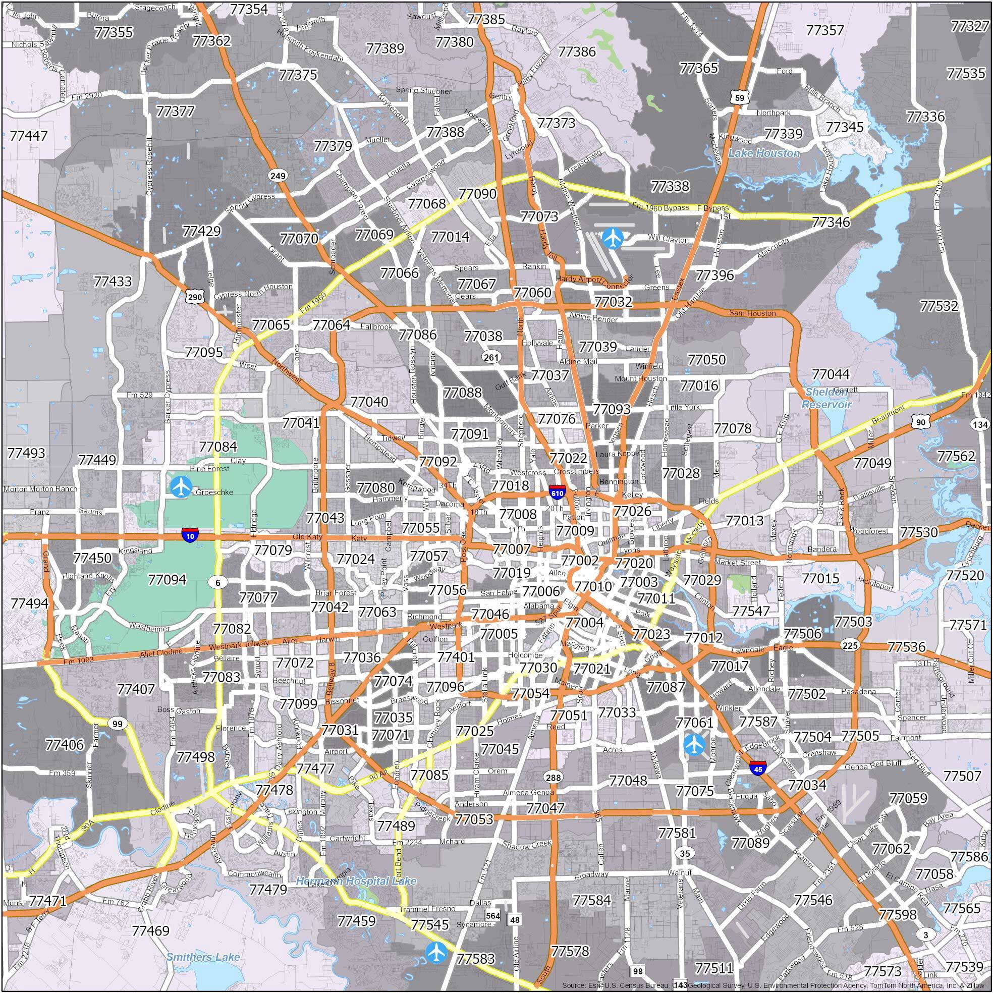 Houston Zip Code Map GLOSSY POSTER PICTURE PHOTO PRINT BANNER ...