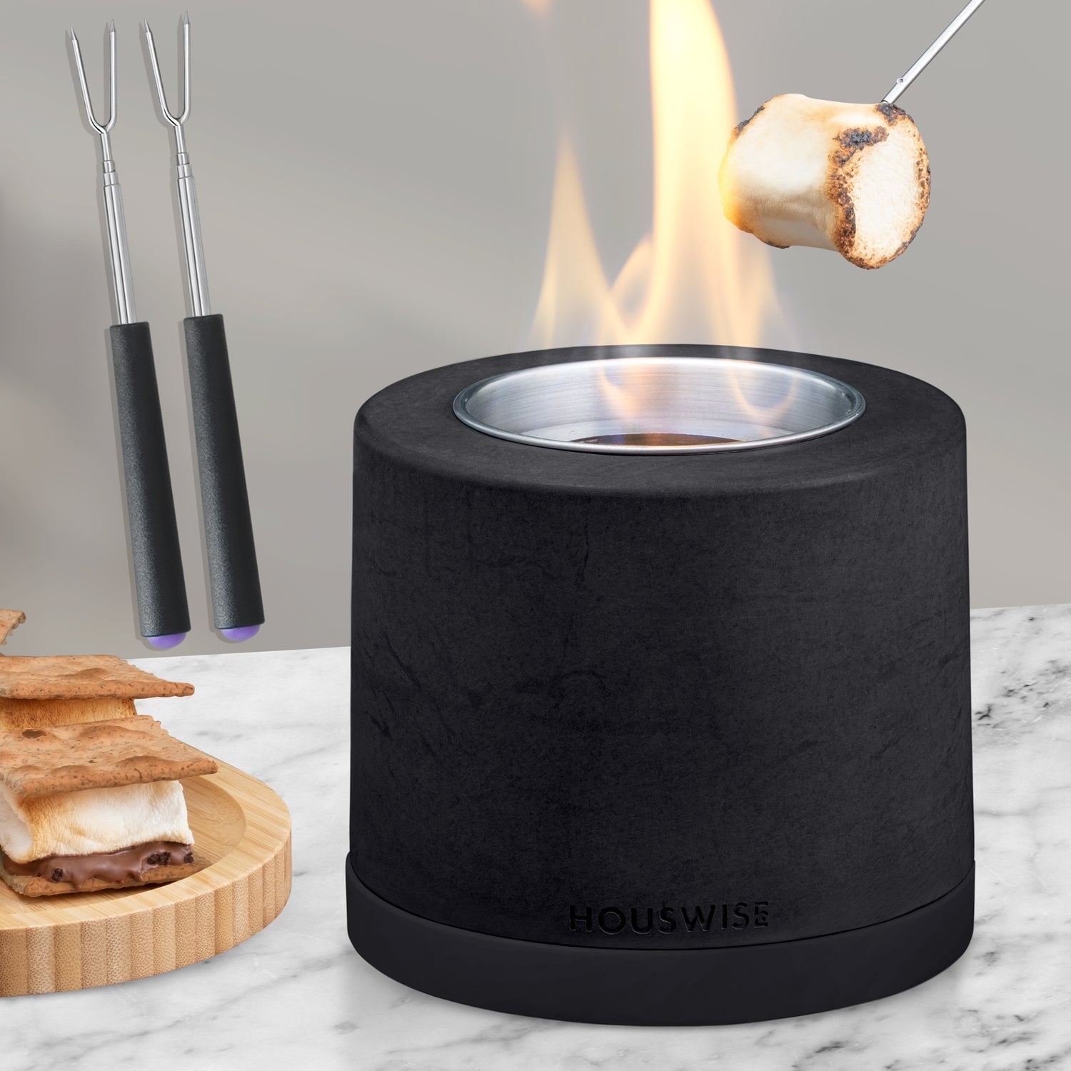 Houswise Indoor/Outdoor Concrete Tabletop Fire Pit with Roasting Sticks ...